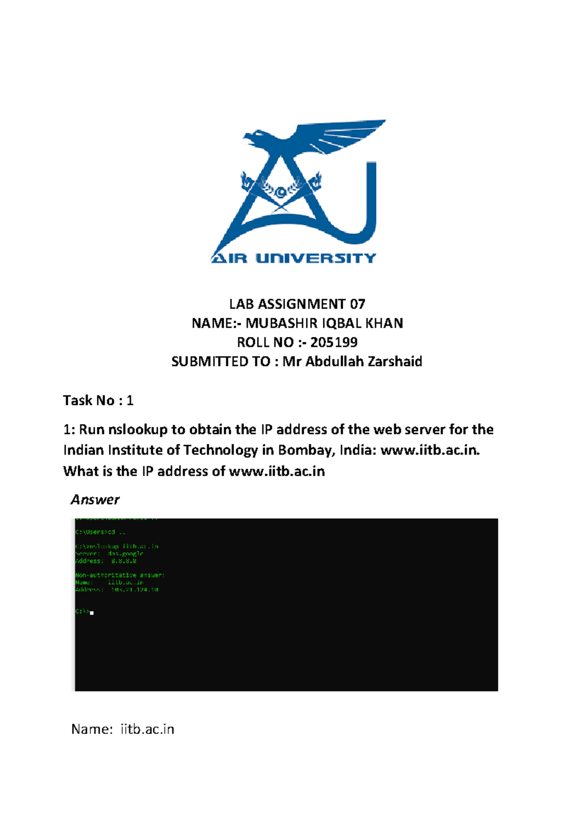 CN LAB 07 - cn lab - LAB ASSIGNMENT 07 NAME:- MUBASHIR IQBAL KHAN ROLL ...