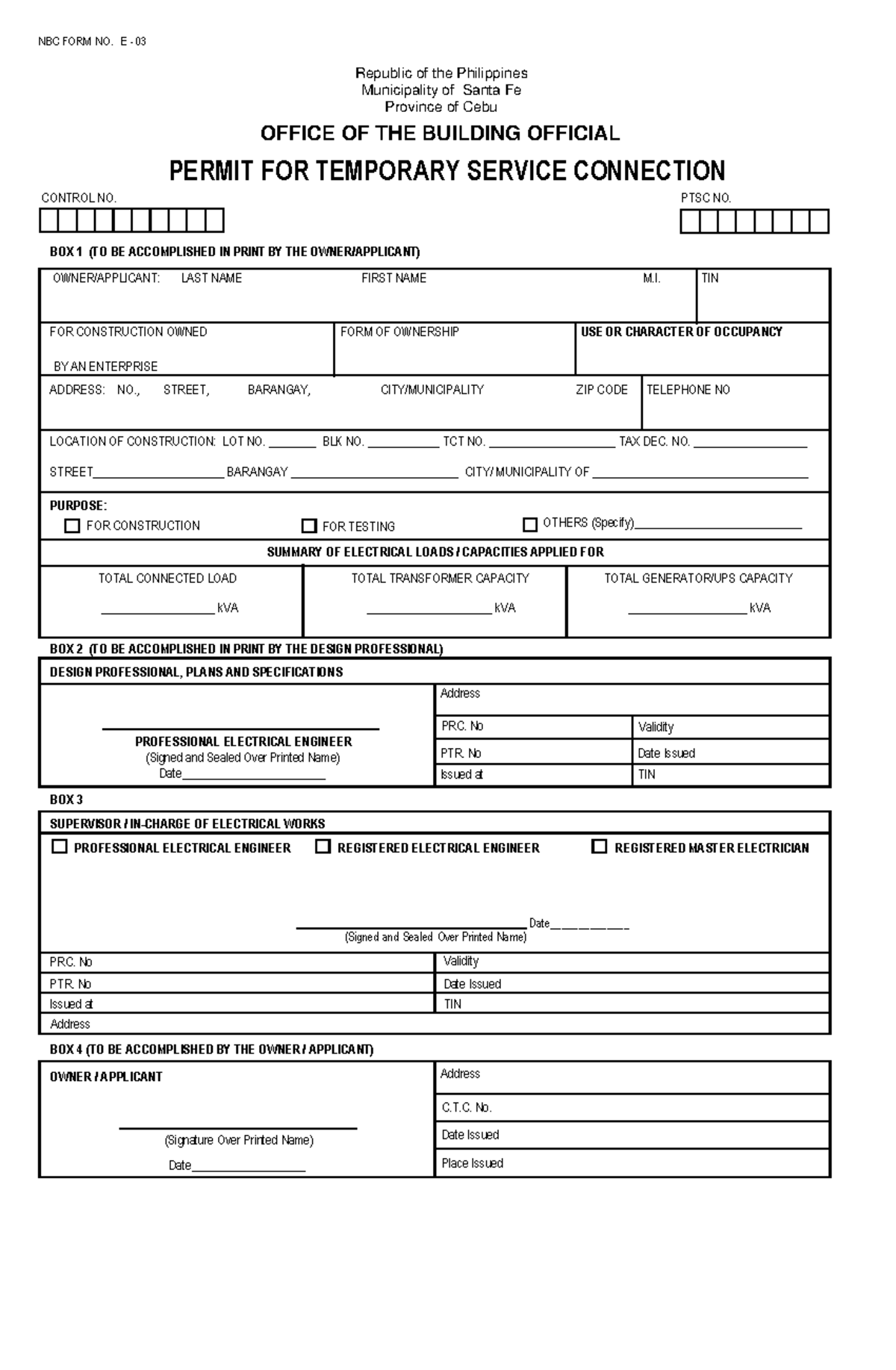 Permit for Temporary Electrical Connection - NBC FORM NO. E 03 - Studocu