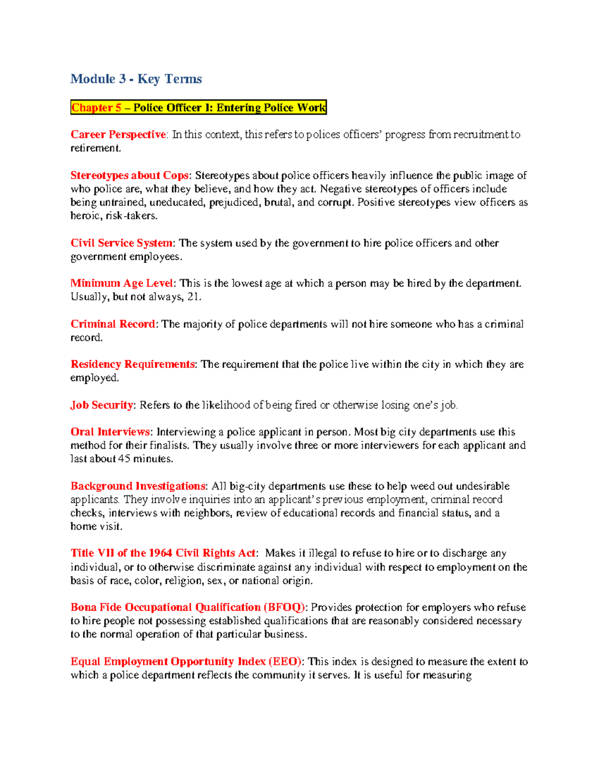 Module 3 Key Terms: Police Officer I & II Career Perspectives and ...