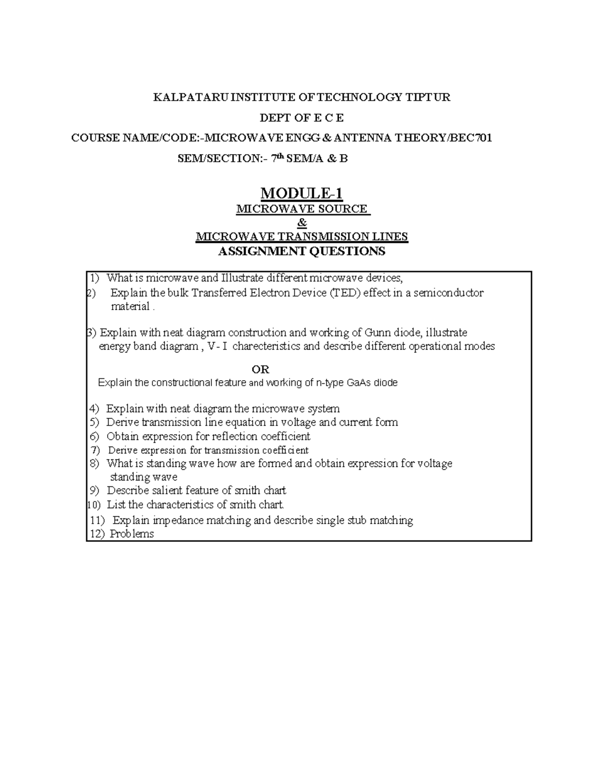 M E & A T BEC701 Assignment: Microwave Sources & Transmission Lines ...