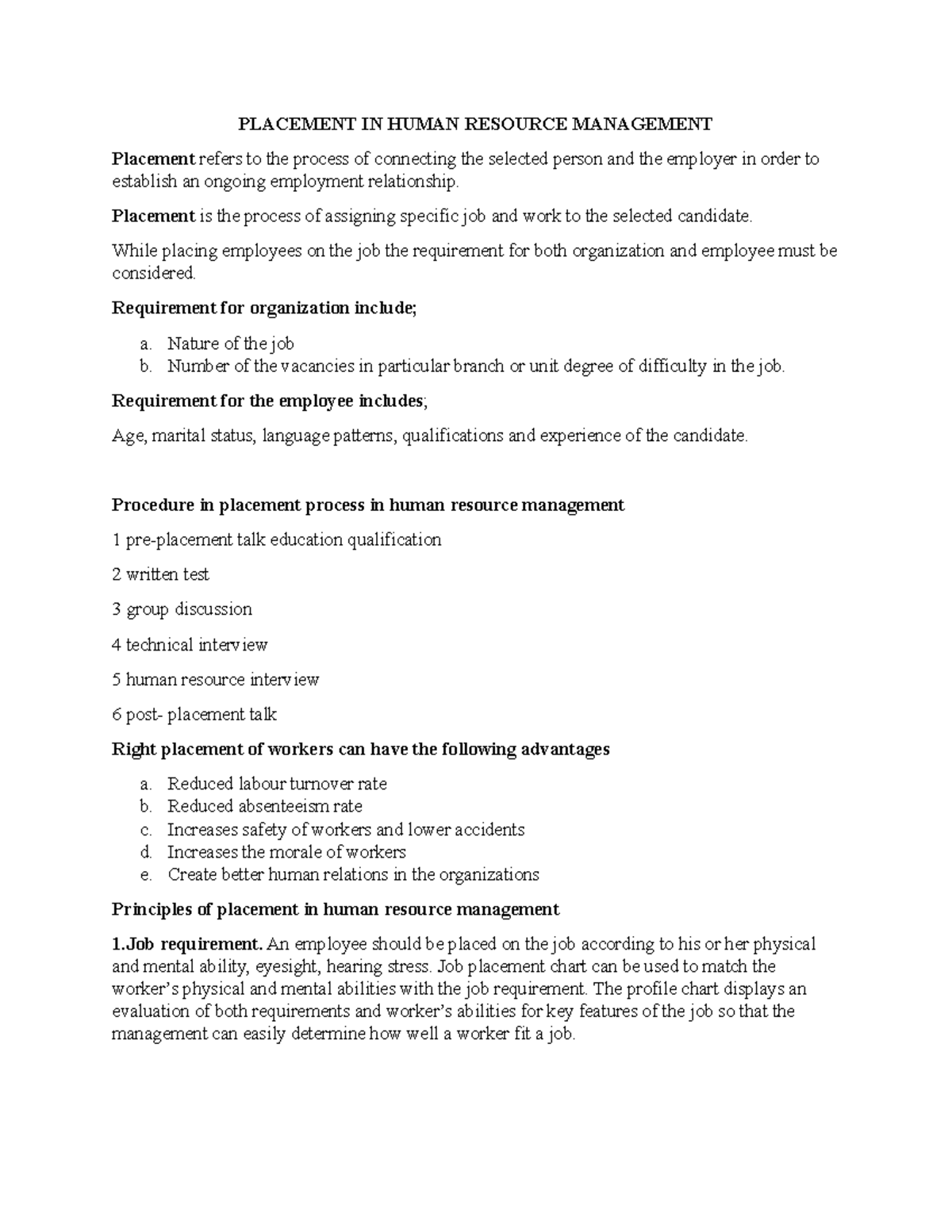 Human Resource Management: Placement Procedures and Importance - Studocu