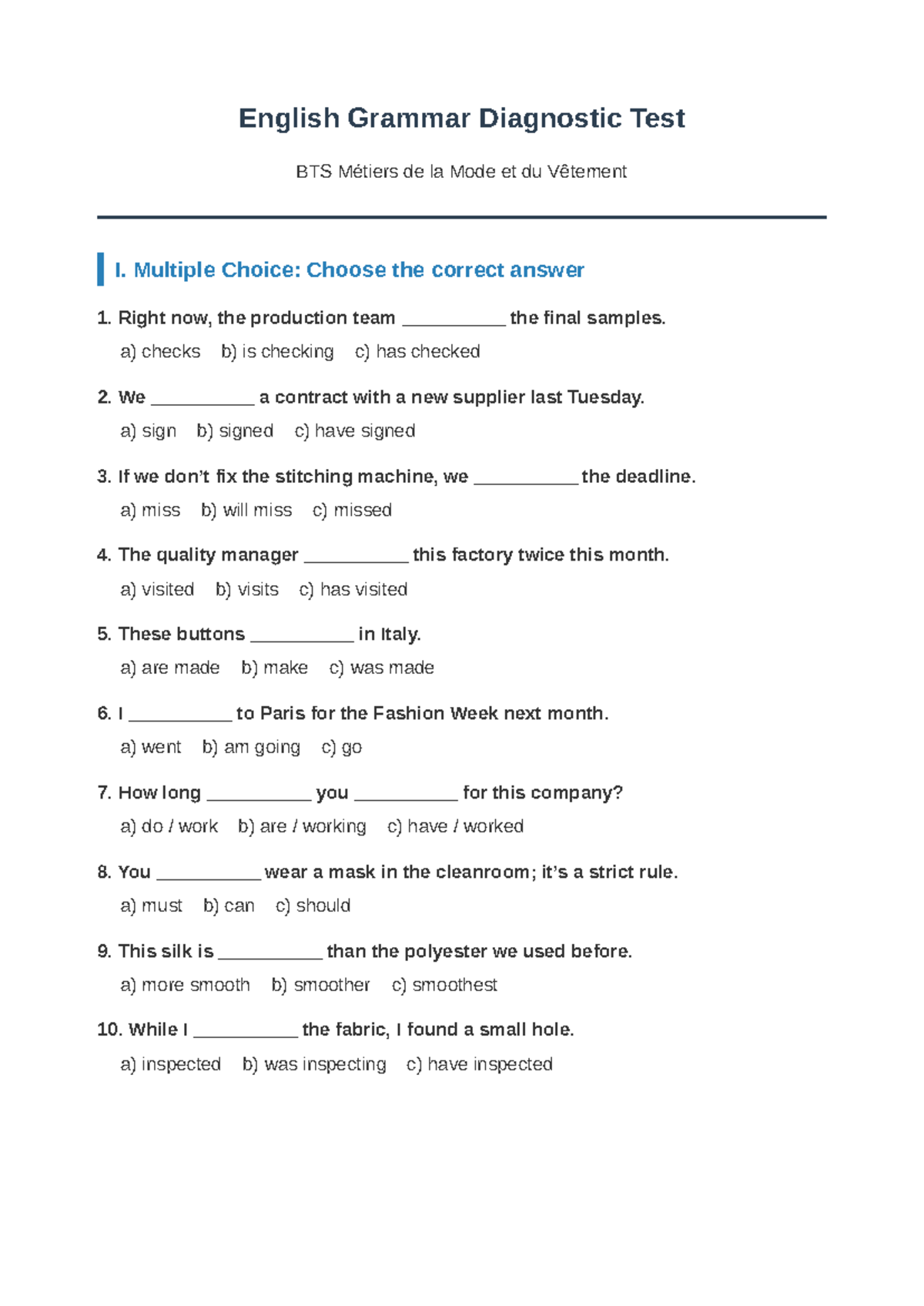 Grammar Diagnostic Test BTS Métiers de la Mode et du Vêtement I - Studocu