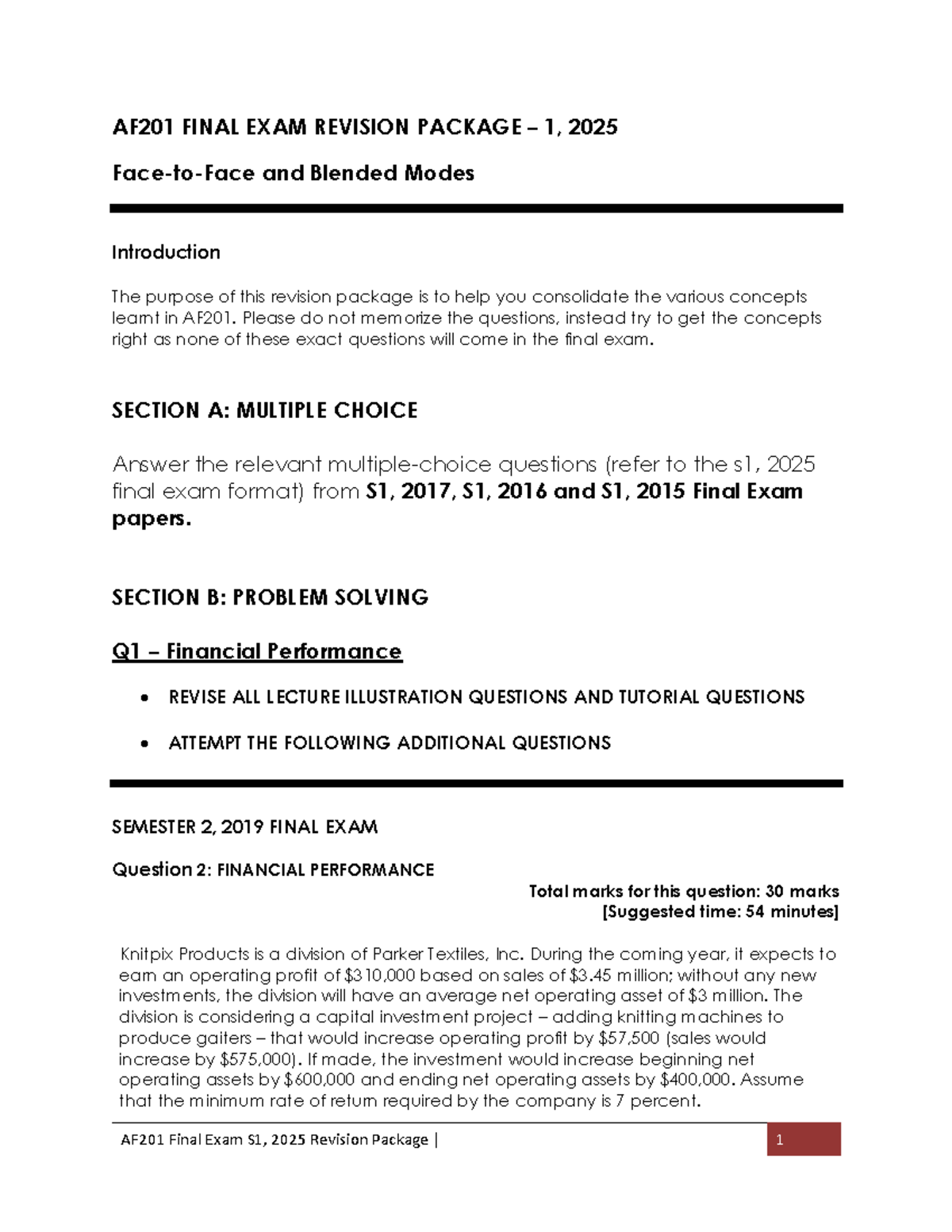 AF201 FINAL EXAM REVISION PACKAGE - PROBLEMS S1, 2025 - Studocu