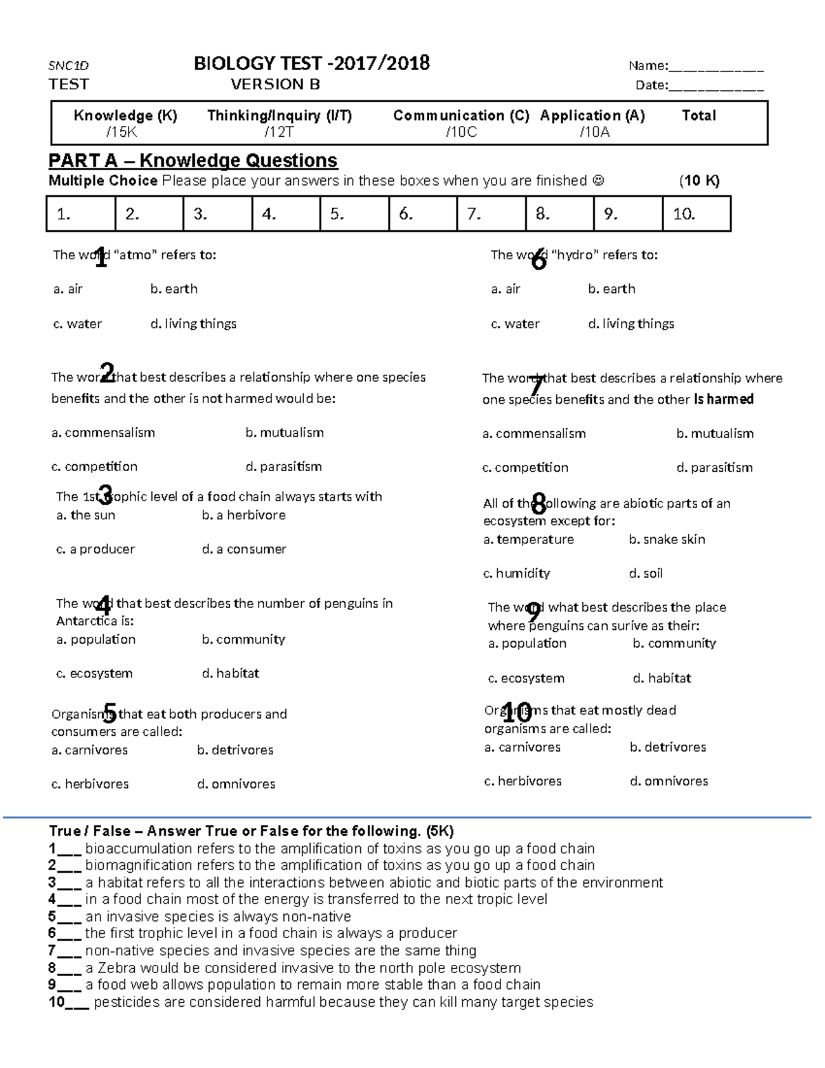 Grade 9 SNC1D Biology Test Version B - Knowledge & Application - Studocu