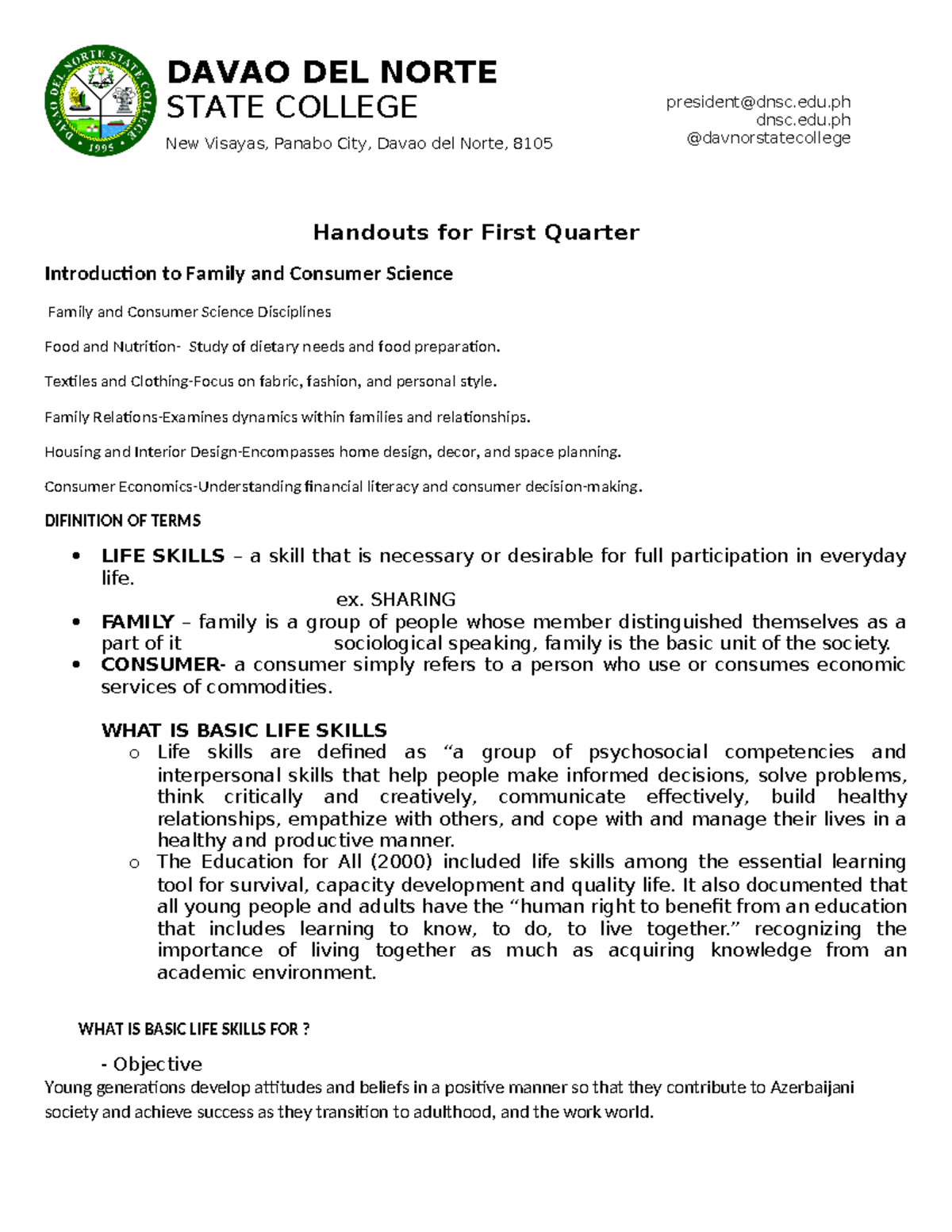 TLE 212 First Quarter Handouts: Family & Consumer Science Overview ...
