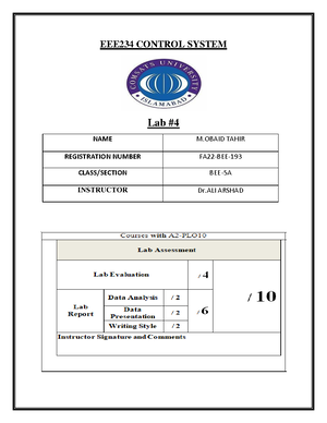 LAB Report 10 CS - EEE234 CONTROL SYSTEM Lab NAME M TAHIR REGISTRATION NUMBER FA22-BEE- 193 ...