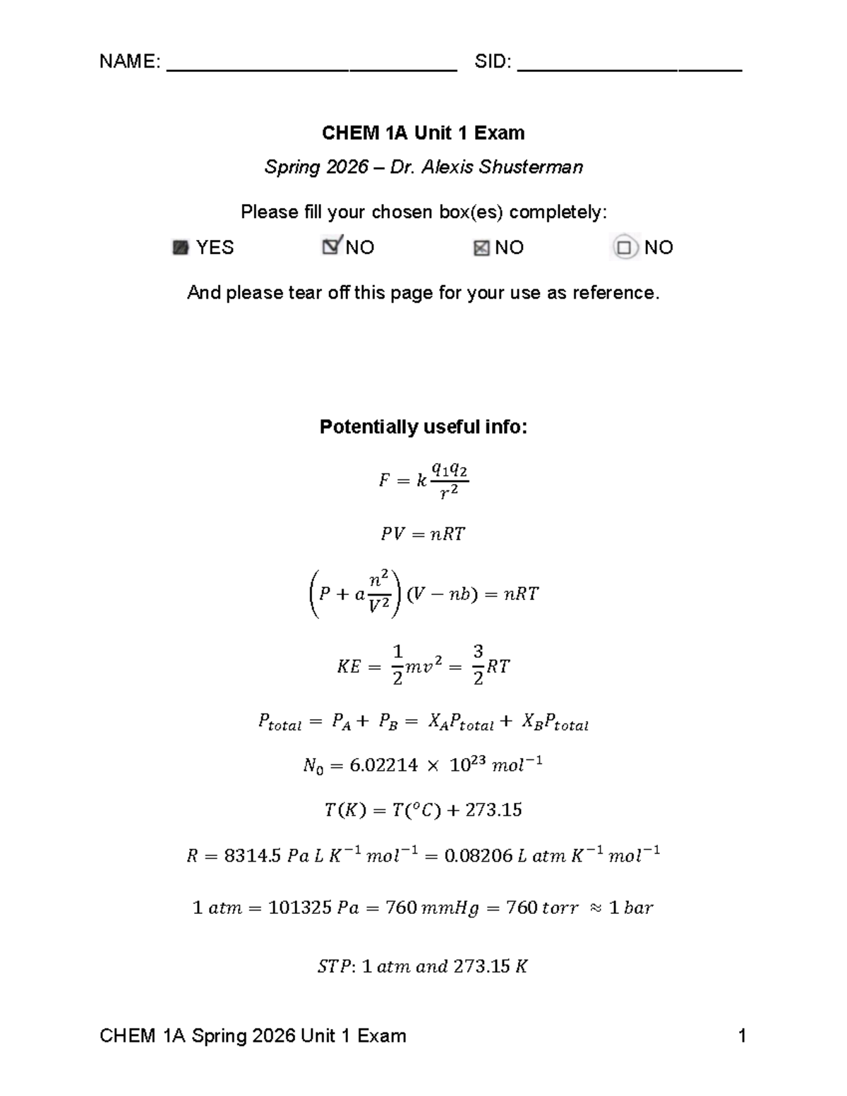 CHEM 1A Spring 2026 Unit 1 Exam Equation Sheet - Studocu