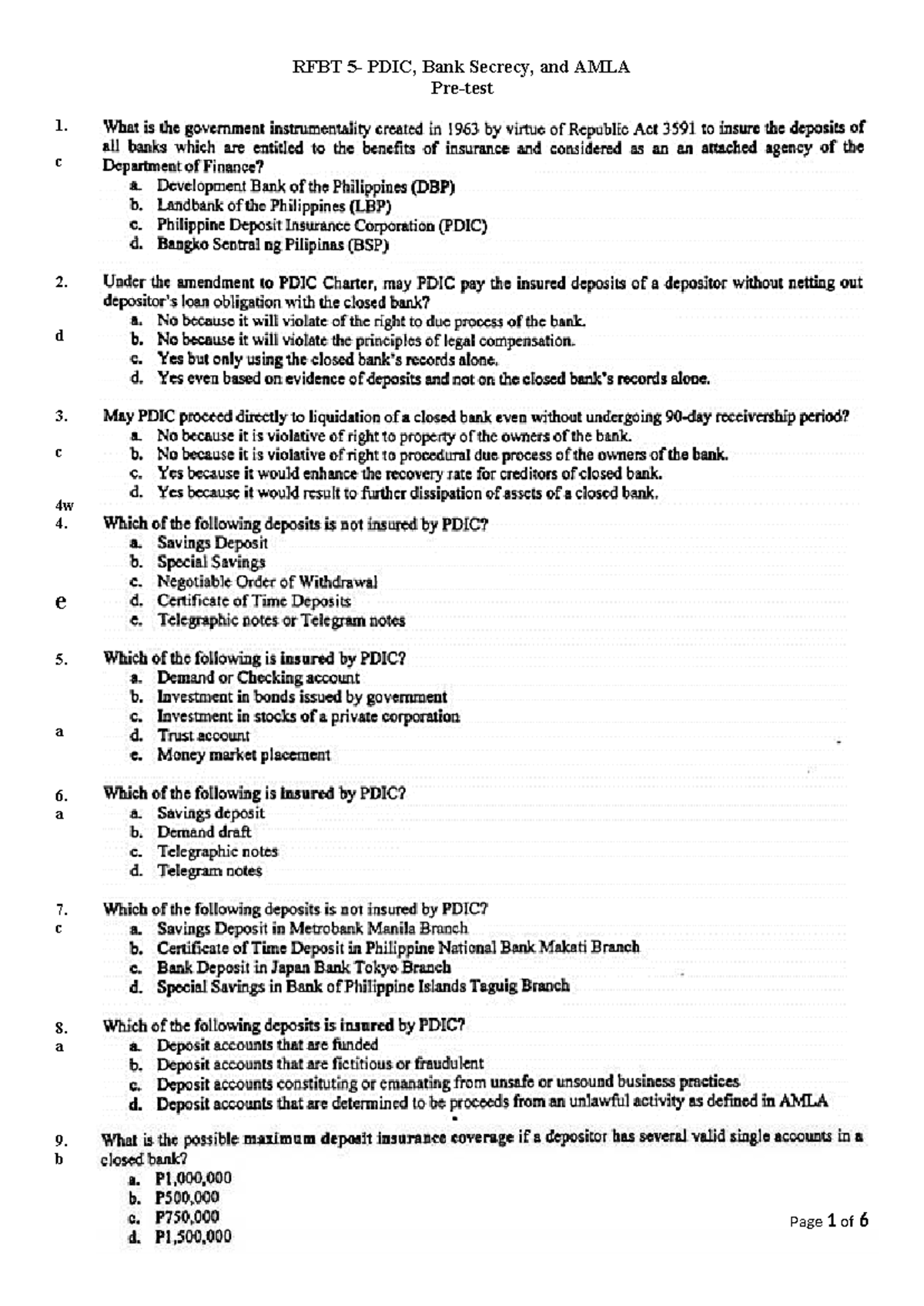 RFBT PDIC & AMLA: Bank Secrecy Quiz Answers - Studocu