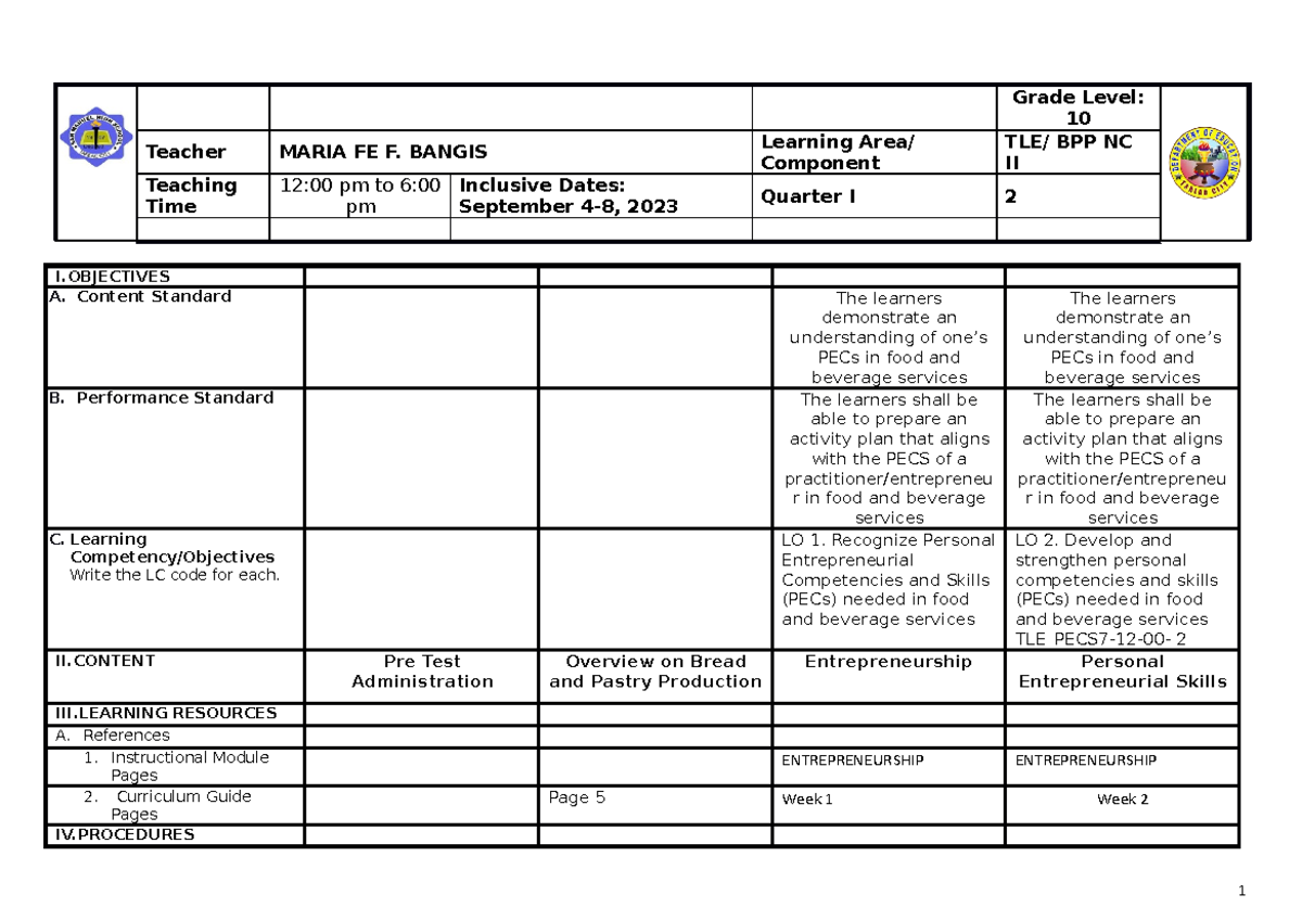 Q1- Week 2 - sample daily lesson log - Grade Level: 10 Teacher MARIA FE ...