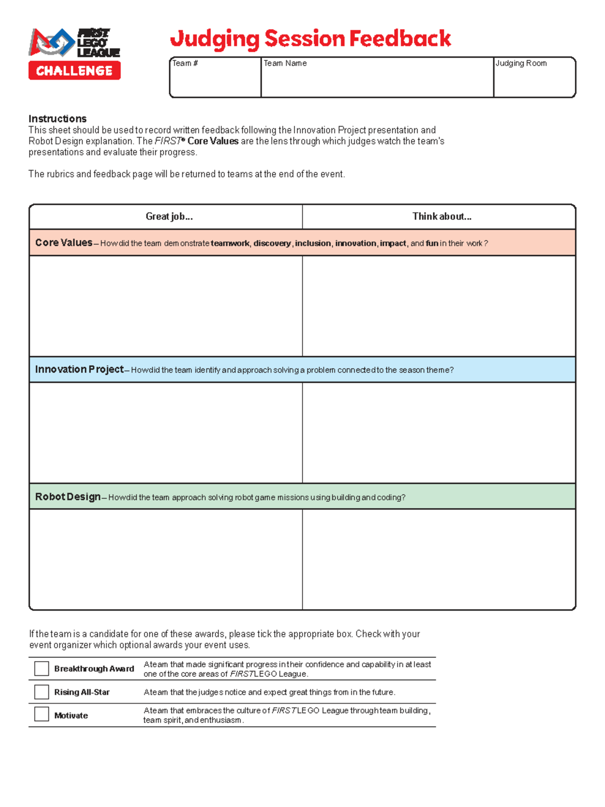FLL Challenge Submerged Rubrics & Feedback for Innovation Project - Studocu