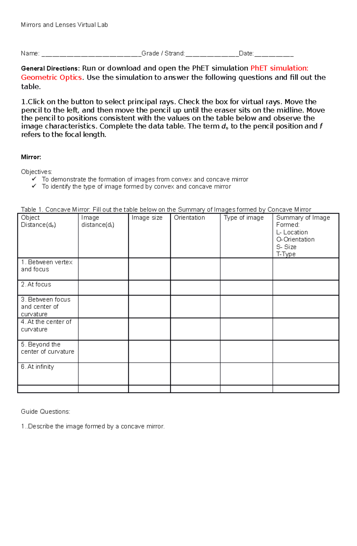 Geometric Optics Worksheet: Exploring Mirrors & Lenses - Studocu