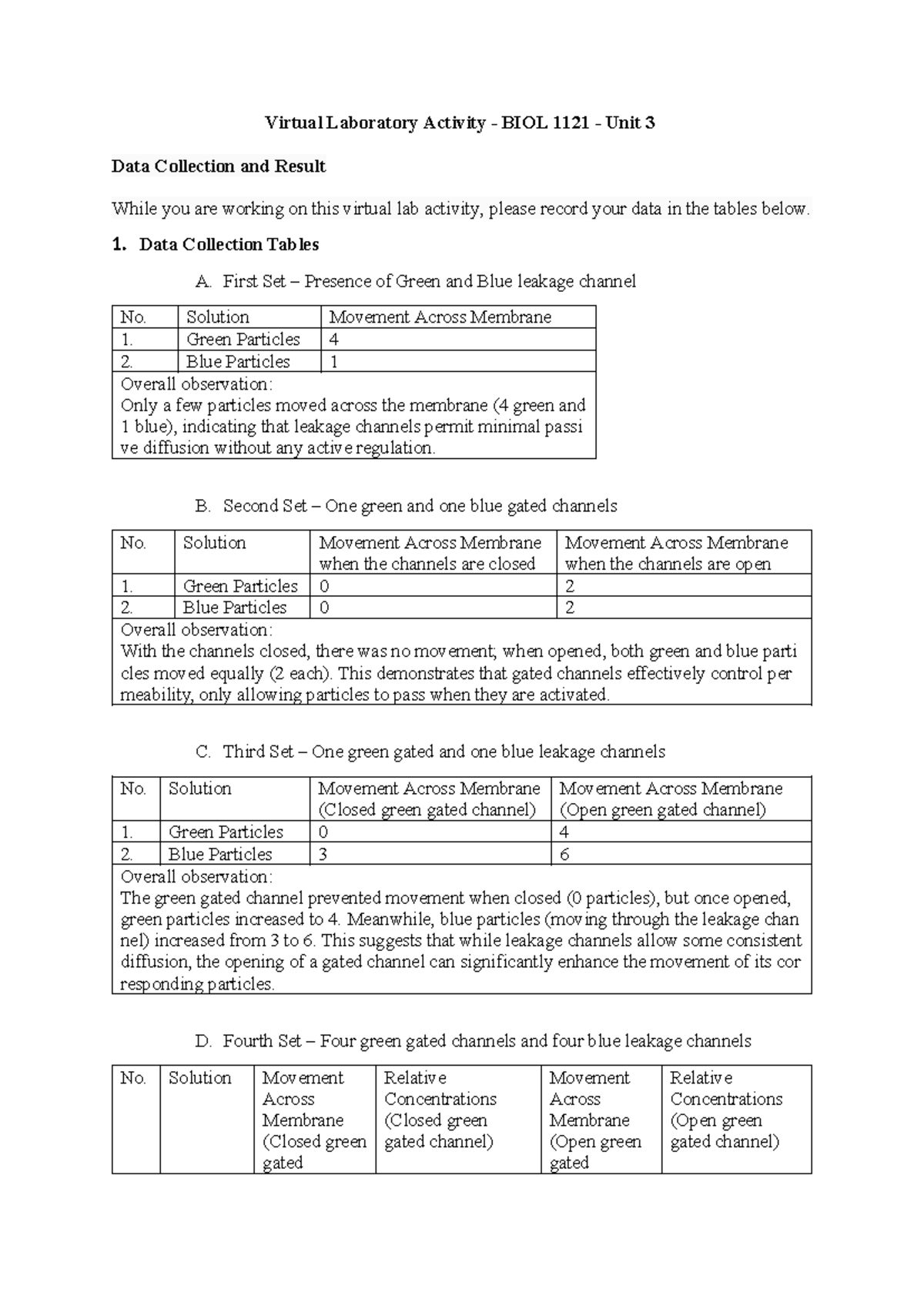 BIOL 1121 Virtual Lab Activity: Channels & Photosynthesis Insights ...