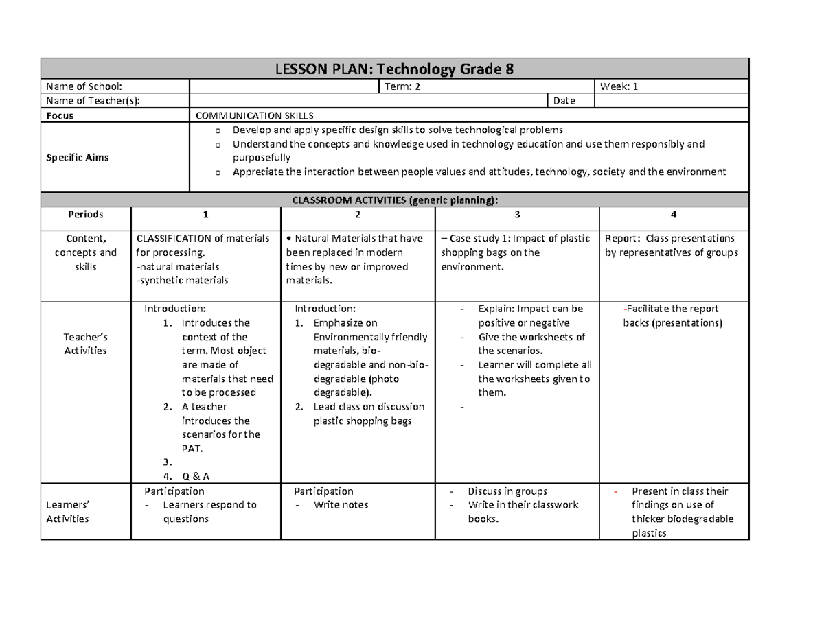 Technology Grade 8 Term 2 Lesson Plans: Skills & Activities - Studocu