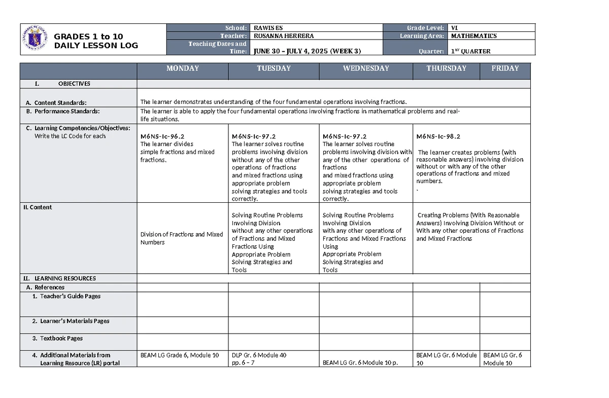 DLL Araling Panlipunan 6: 1st Quarter Week 3 Lesson Log - Studocu
