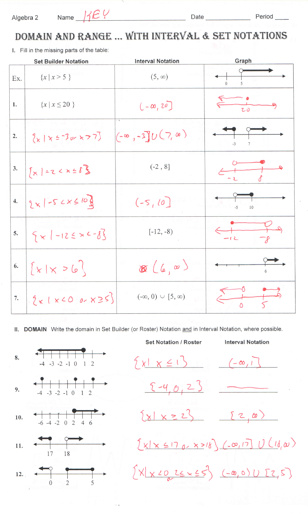 10-12 KEY Alg - key to assignment - Algebra 2 Name KEY Date Period ...