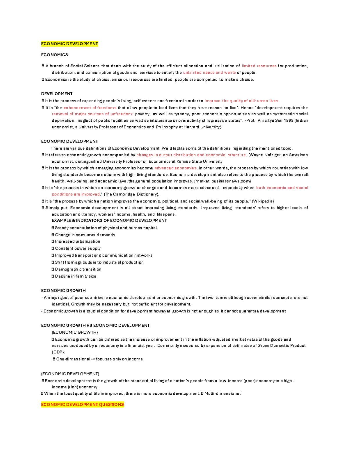 Economic Development Review: Key Concepts & Theories for ECON 101 - Studocu