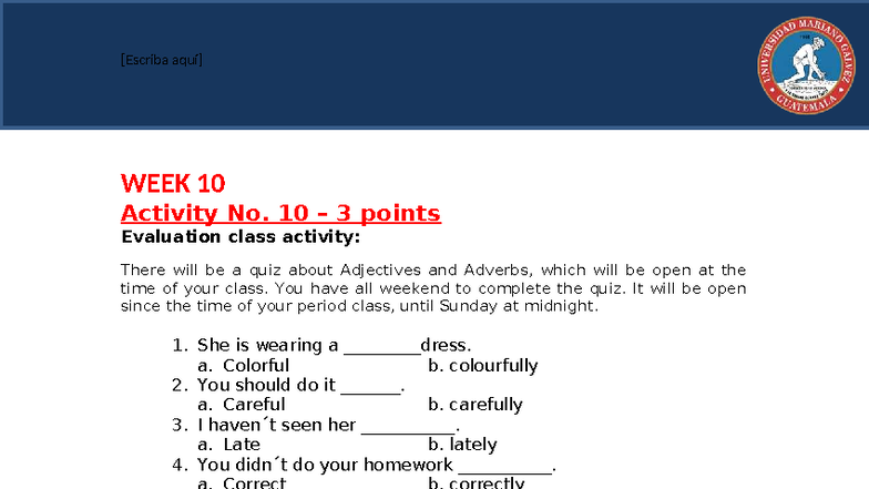 WEEK 10 Quiz: Adjectives and Adverbs Evaluation Activity - Studocu
