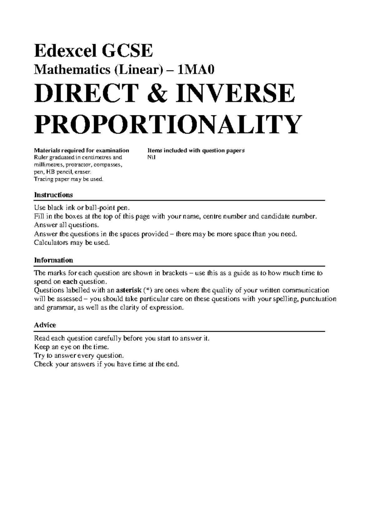 Edexcel GCSE Maths 1MA0 Direct & Inverse Proportionality Exam Guide ...