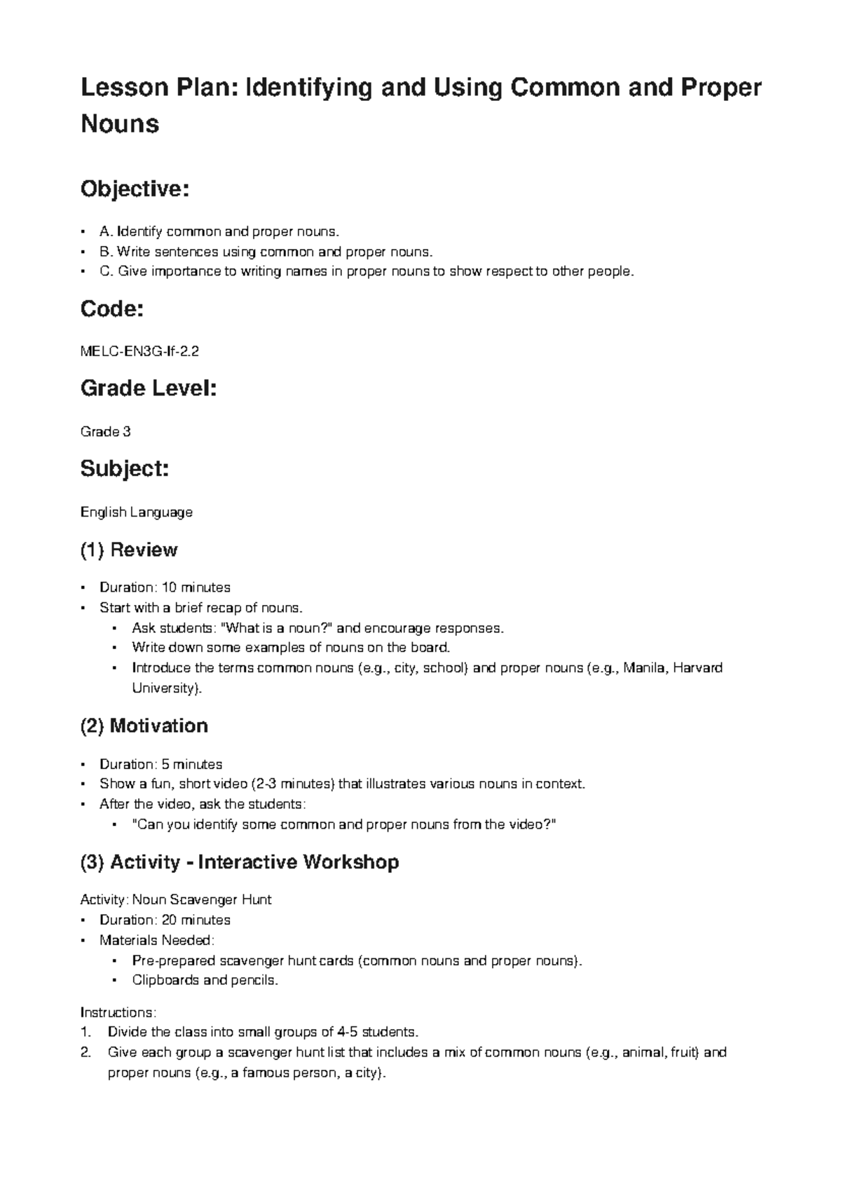 Grade 3 English Lesson Plan: Common & Proper Nouns (1) - Studocu