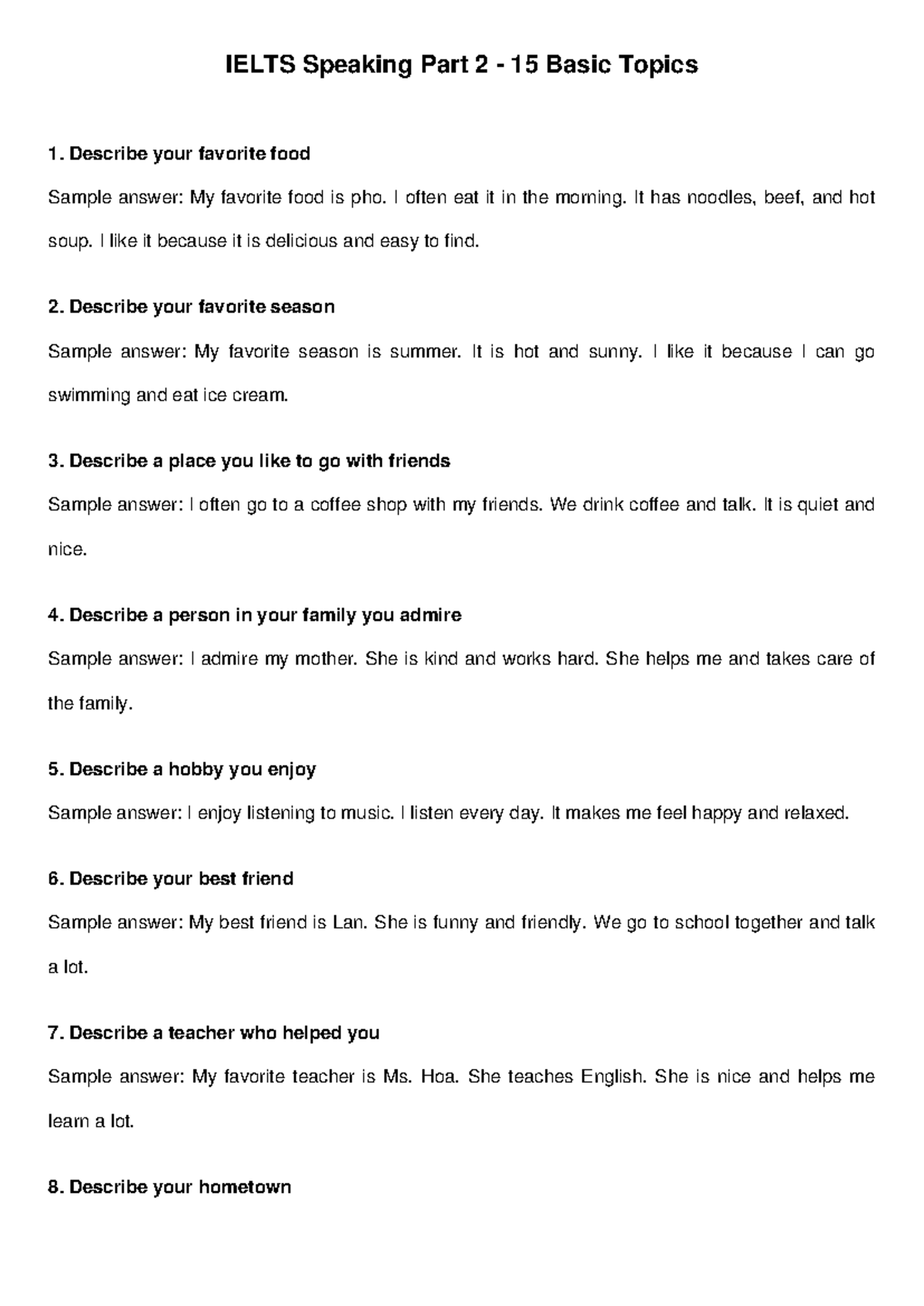 IELTS Speaking Part 2: Basic Topics for Practice - Studocu