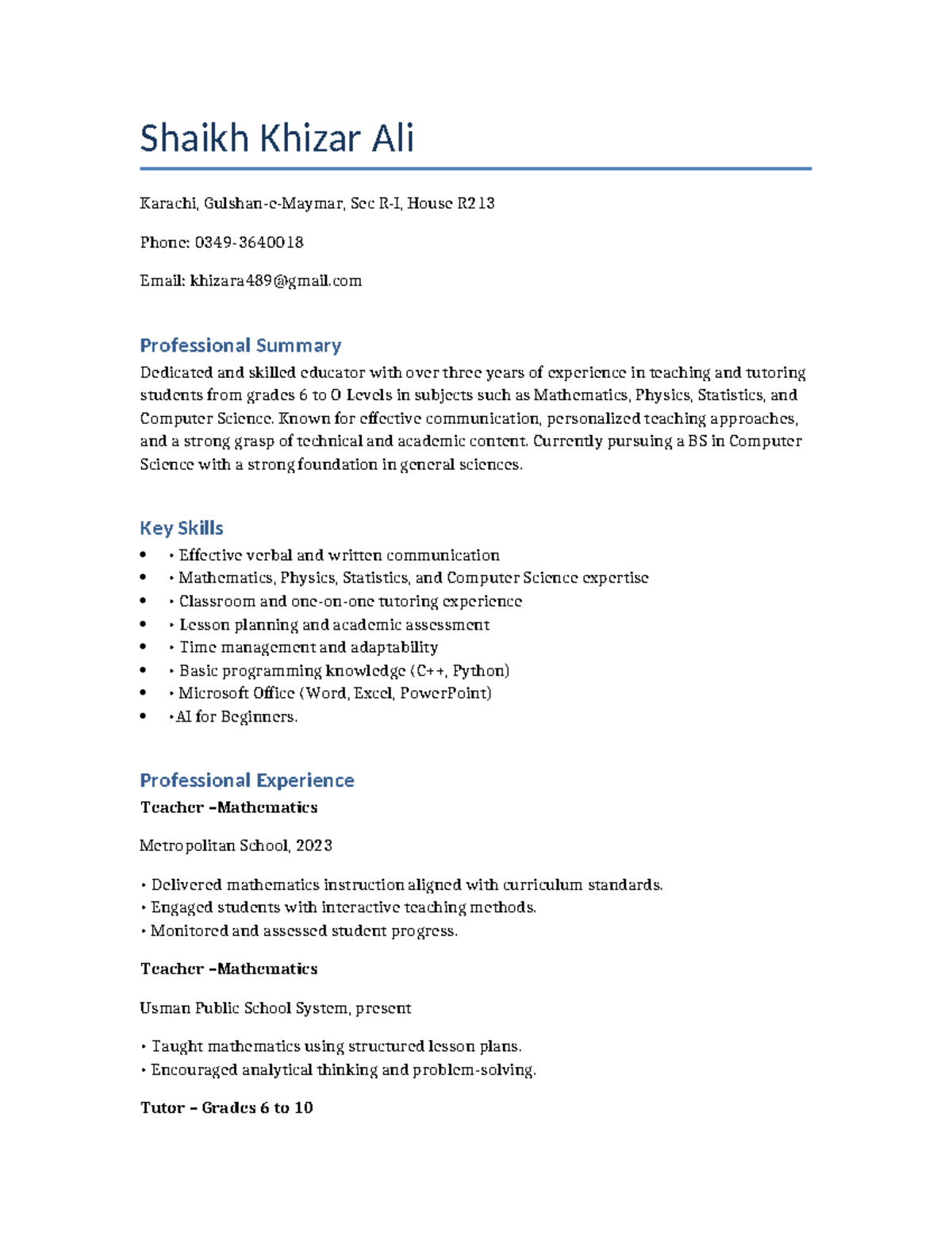 Khizar Ali's CV - Educator & Tutor (Grades 6 to O Levels) - Studocu