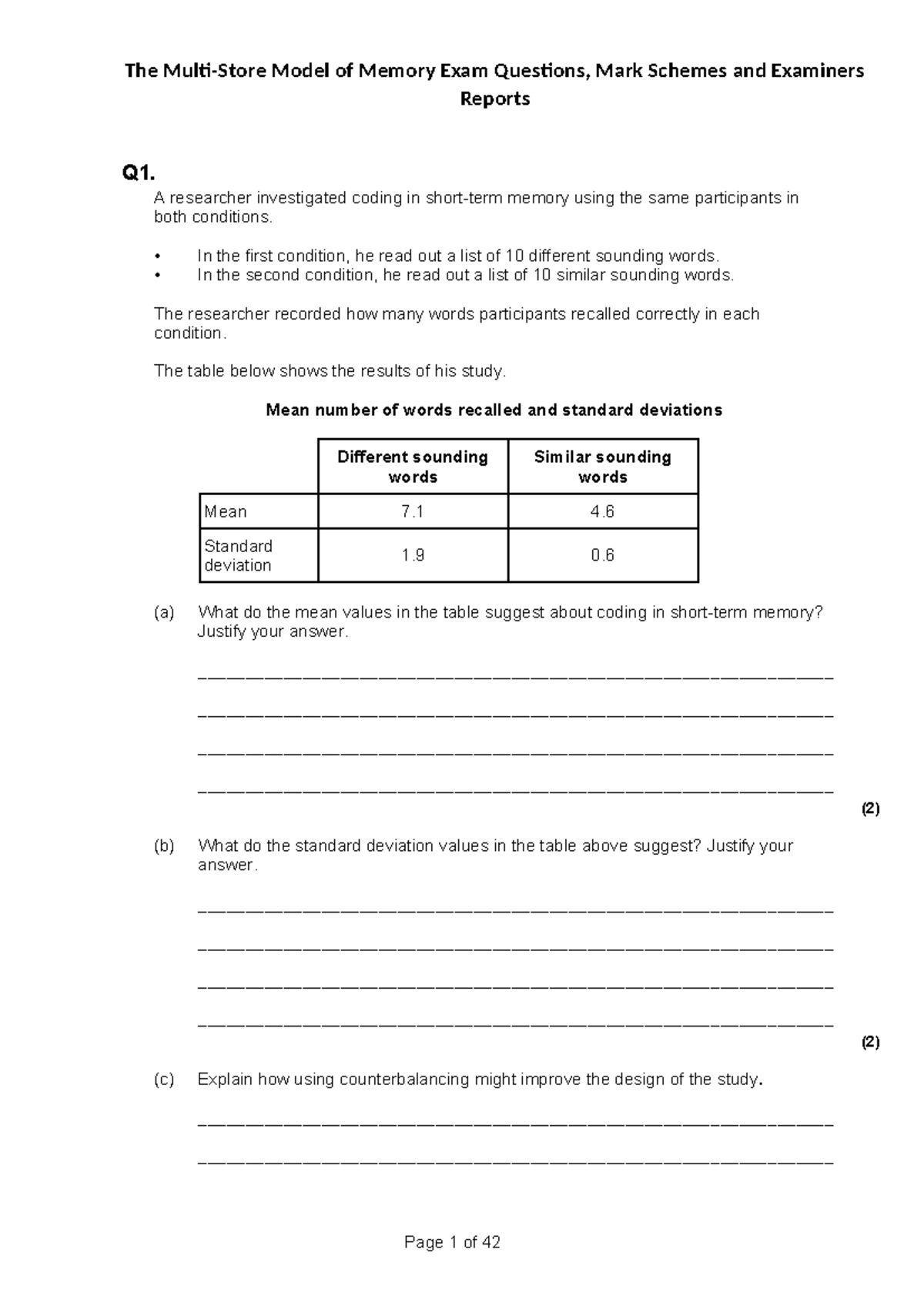 Multi Store Model Psychology Exam Questions & Mark Schemes - Studocu