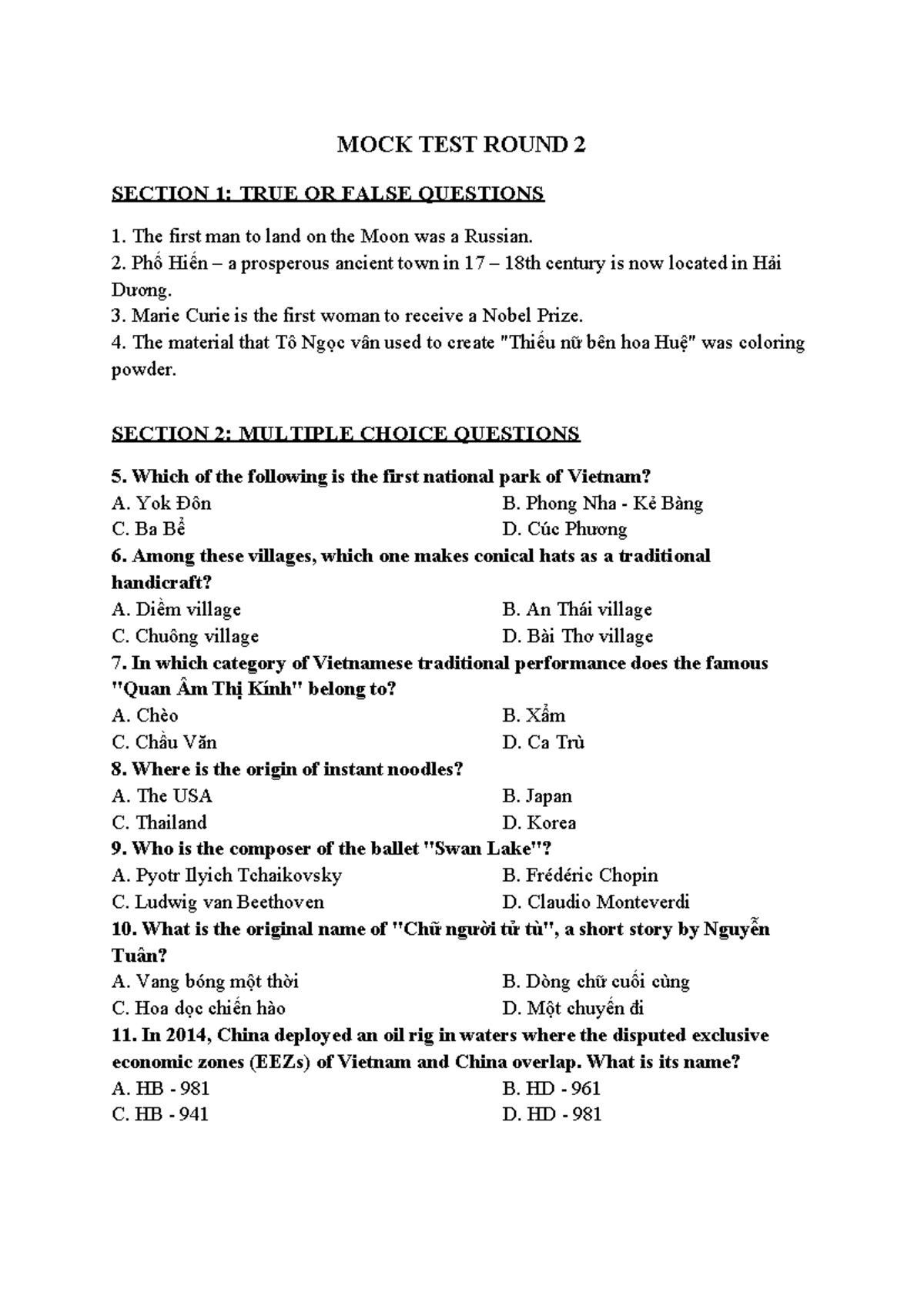 MOCK TEST S25: True/False & Multiple Choice Questions - Studocu