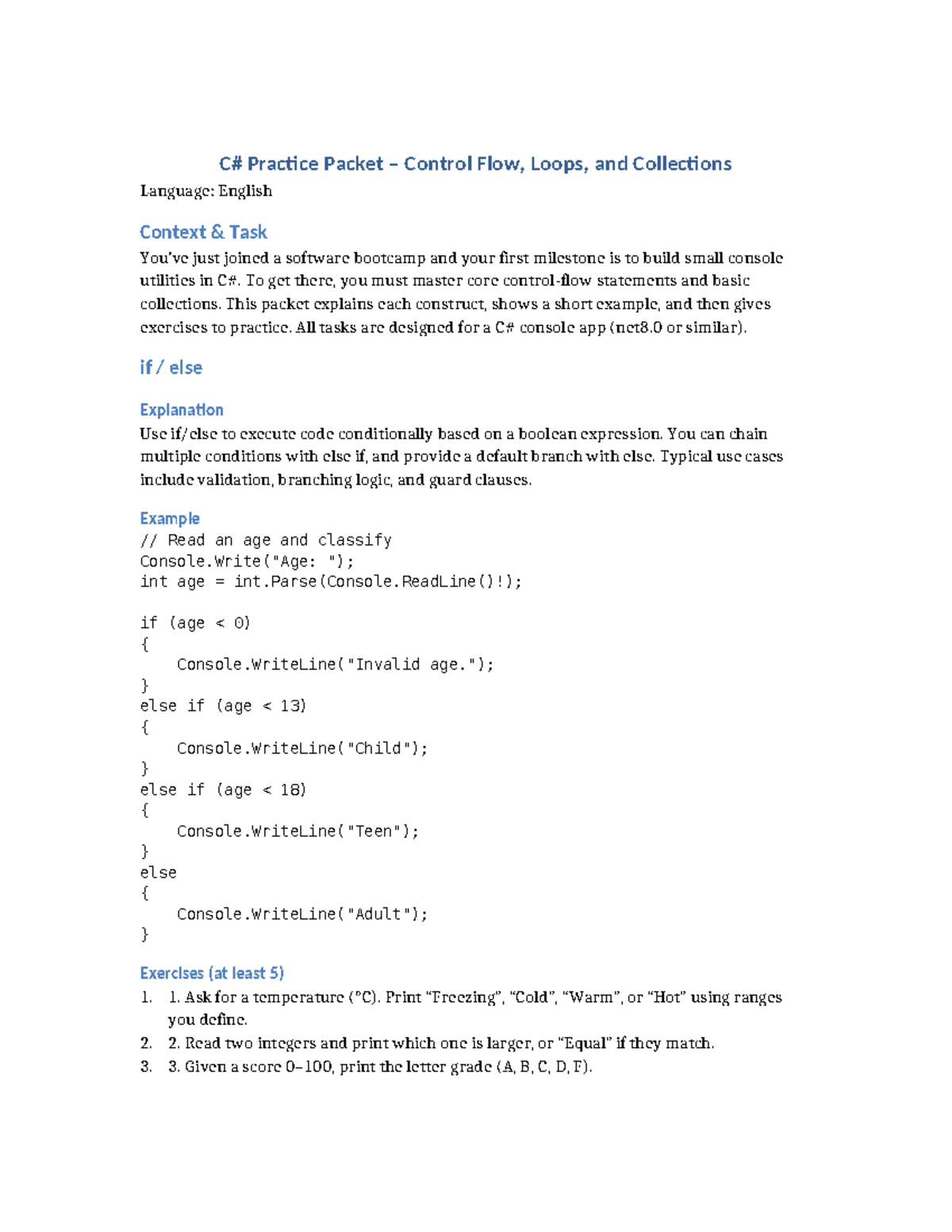 CSharp Practice Packet: Control Flow, Loops & Collections - Studocu