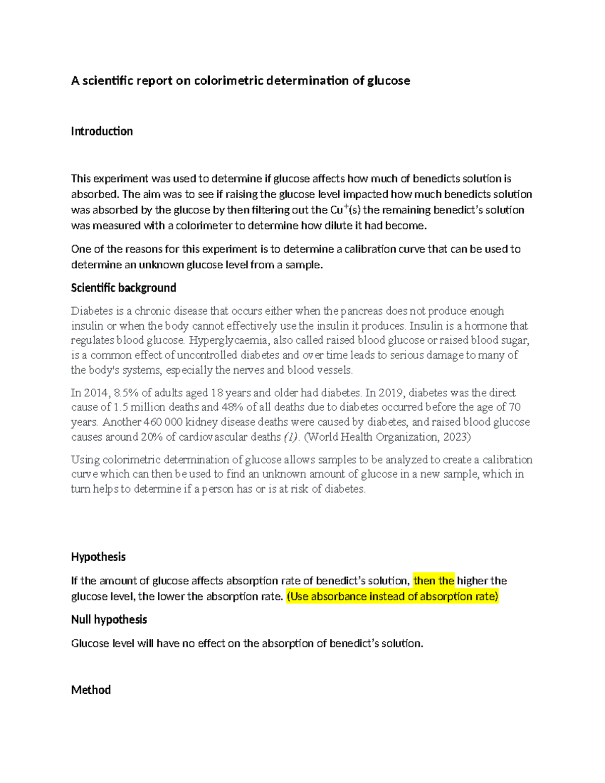 Colorimetric Determination of Glucose: A Scientific Report - Studocu