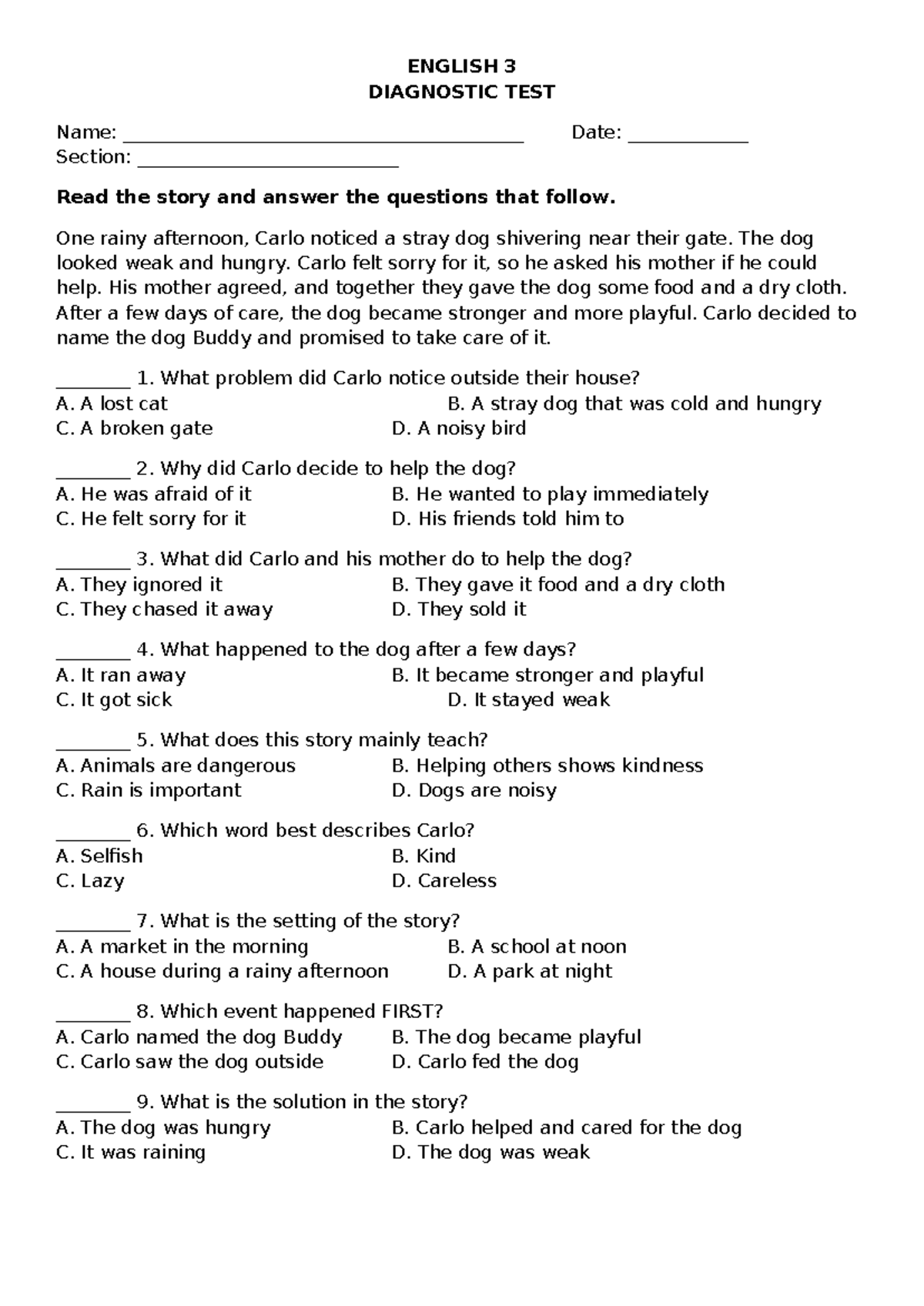 ENGLISH 3 DIAGNOSTIC TEST - Final Grade 3 Assessment - Studocu