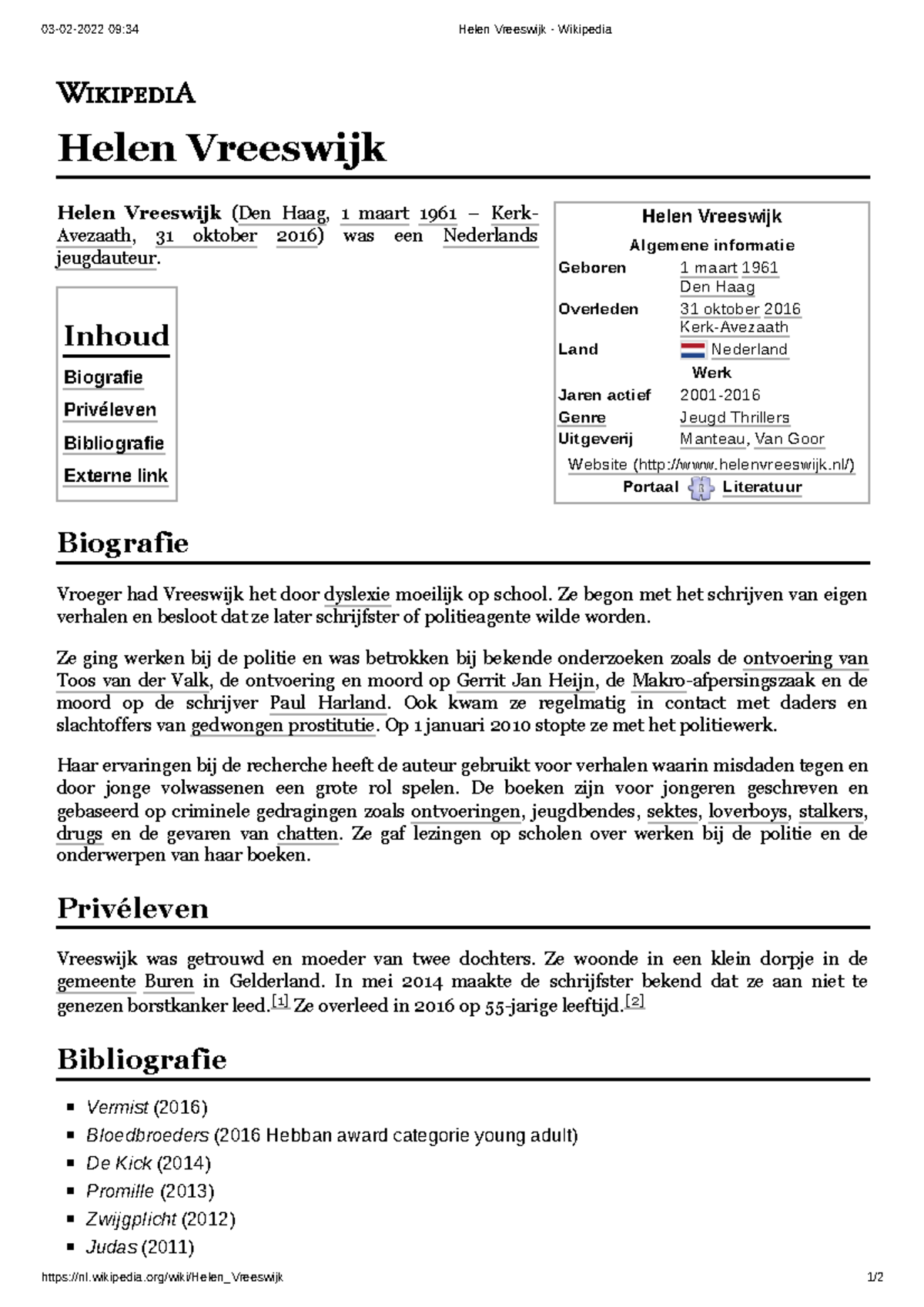 Helen Vreeswijk: Biografie en Jeugdliteratuur (1961-2016) - Studeersnel