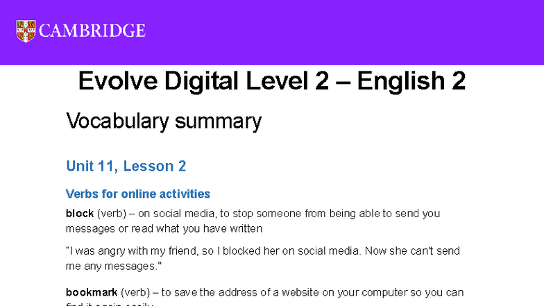 Evolve Digital Level 2 English 2 Vocabulary & Grammar Summary Unit 11 - Studocu