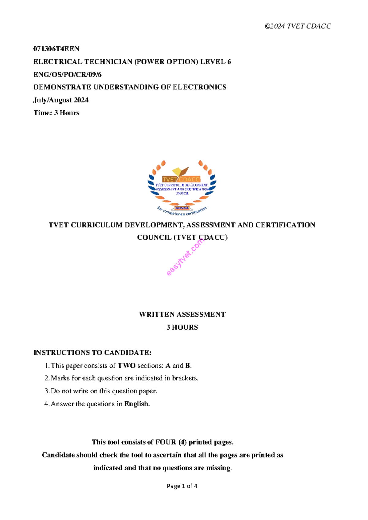 TVET CDACC 071306T4EEN Level 6 Electronics Understanding Assessment ...