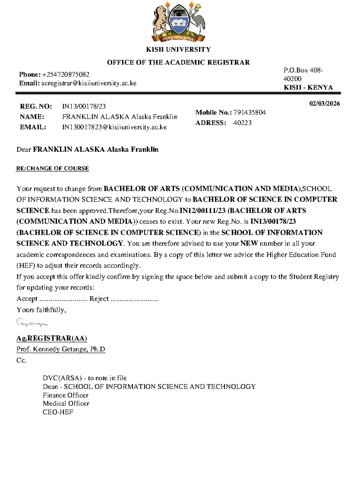 KISII UNIVERSITY Change of Course Approval Letter - Studocu