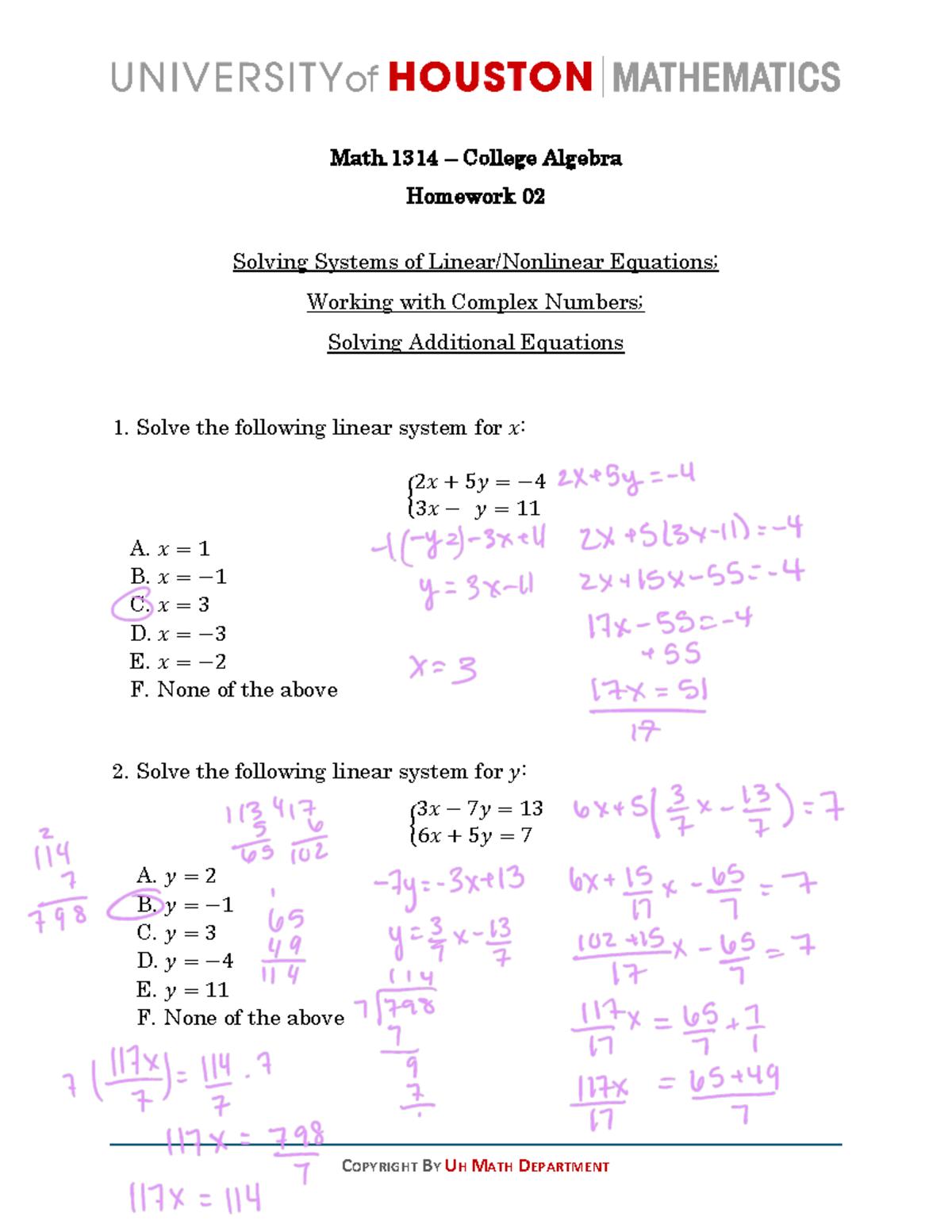 Math.1314 - College Algebra Homework 02: Systems & Equations Solutions ...