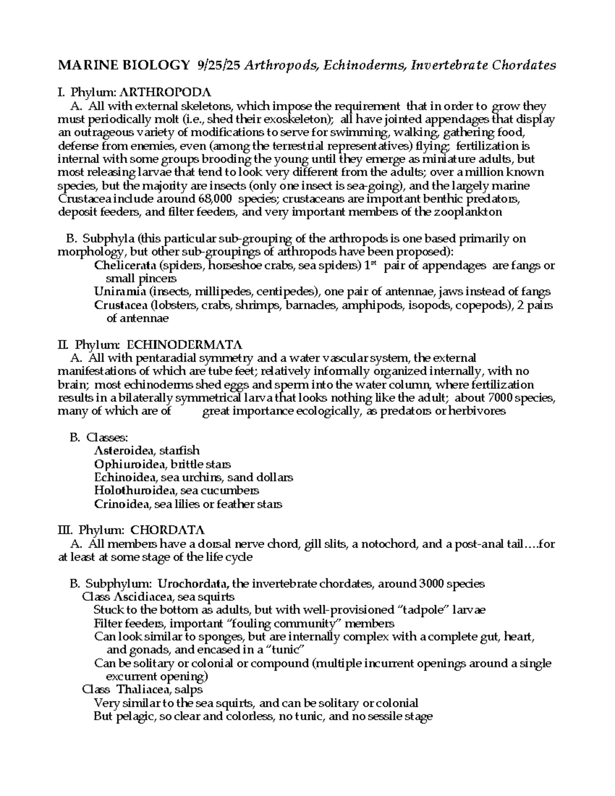 Marine Biology Study Guide: Arthropods, Echinoderms, Chordates - Studocu