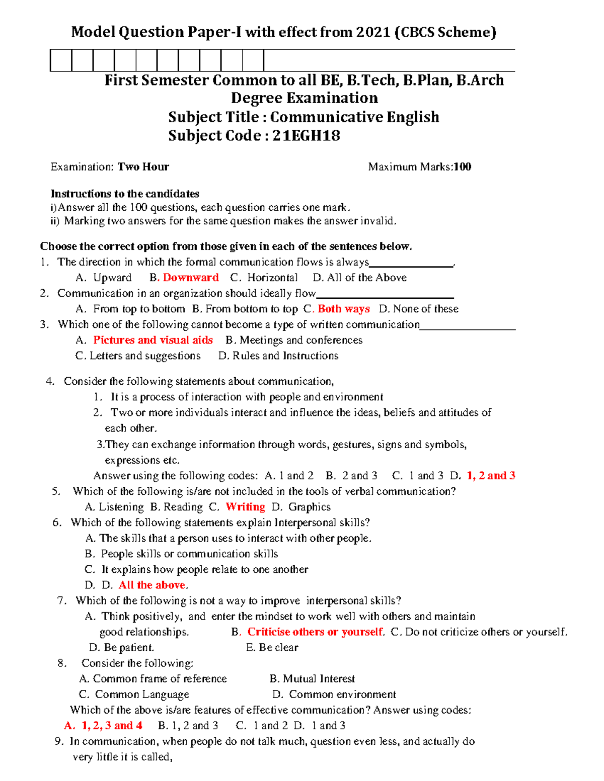 Communicative English Model Question Paper SET 1 (21EGH) - 2021 Exam - Studocu