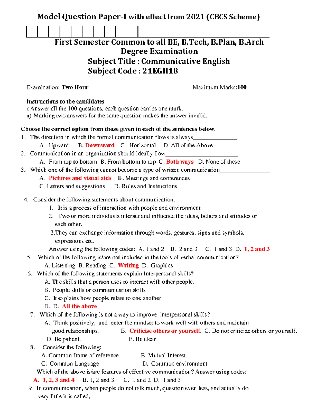 Communicative English Model Question Paper SET 1 (21EGH) - 2021 Exam - Studocu