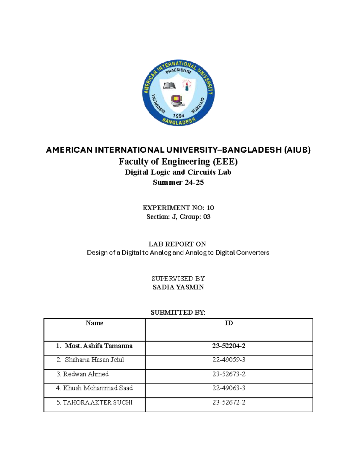 AIUB Digital Logic Lab Report: DAC & ADC Design (Experiment 10) - Studocu