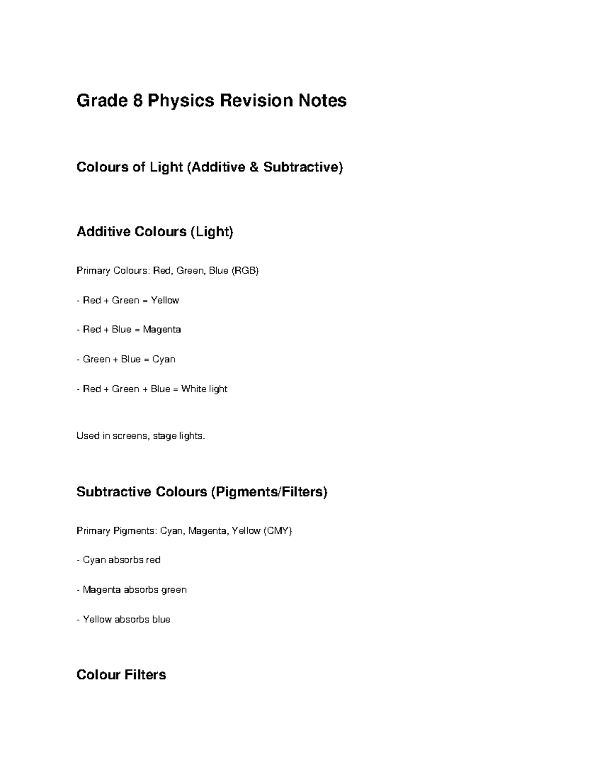 Grade 8 Physics Revision Notes: Colours of Light & Space Concepts - Studocu