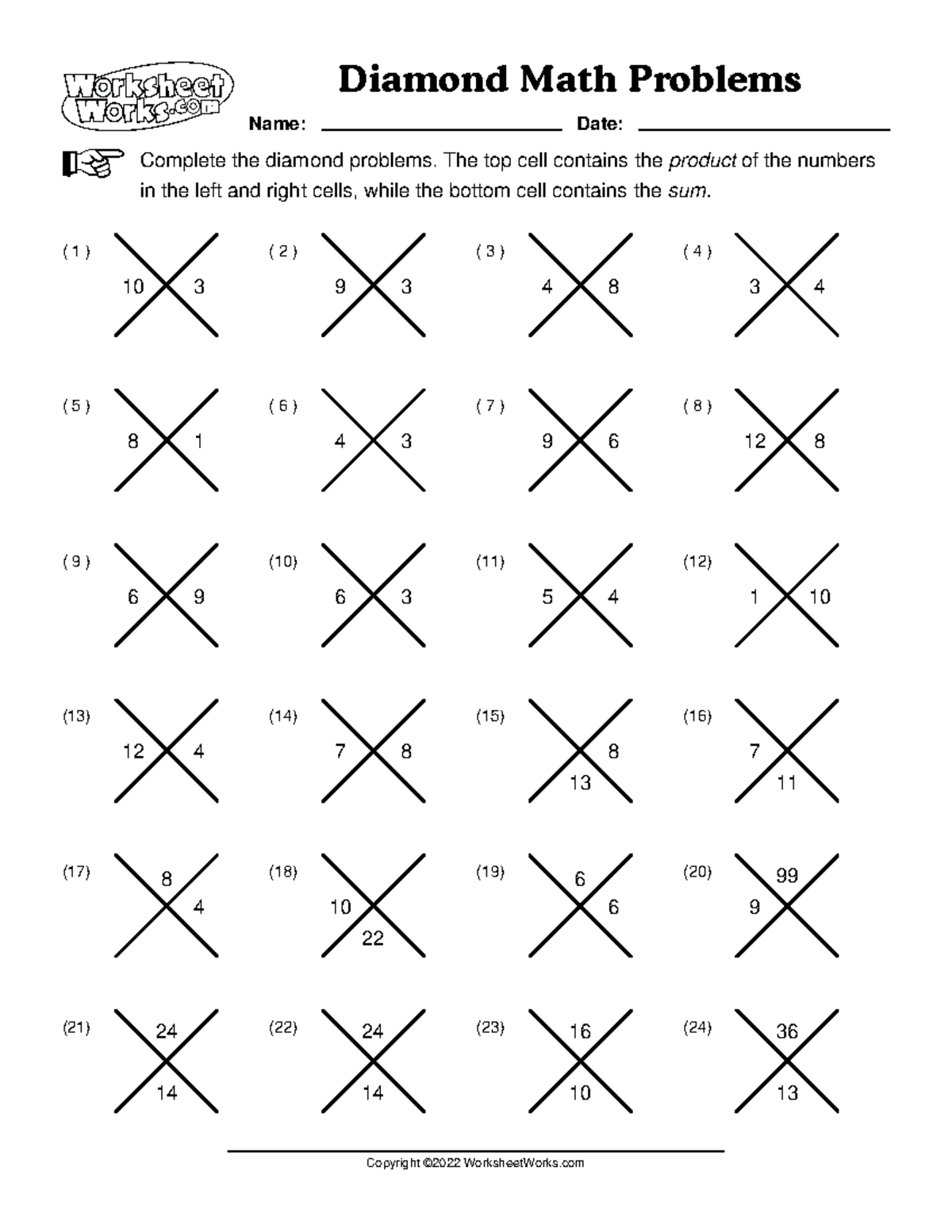 Worksheet Works Diamond Math Problems 1 - V Complete the diamond ...