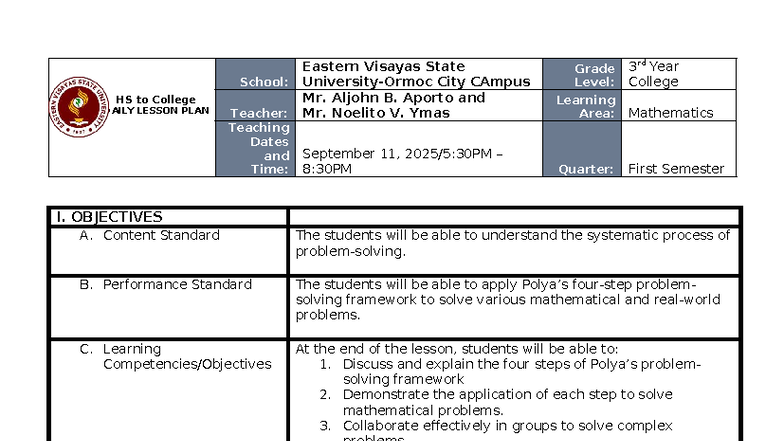 HS to College Math Lesson Plan: Problem-Solving Framework - Studocu