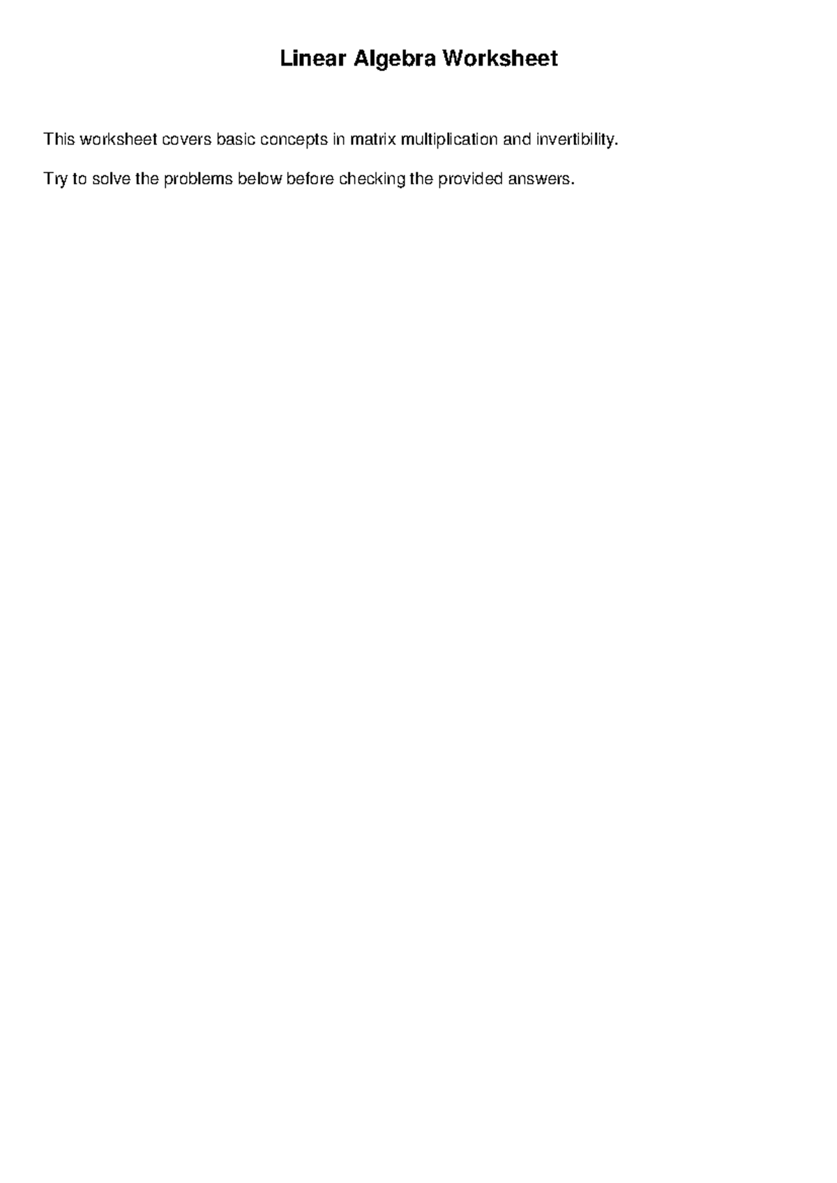 Linear Algebra Intro Pt 1 - Linear Algebra Worksheet This worksheet ...