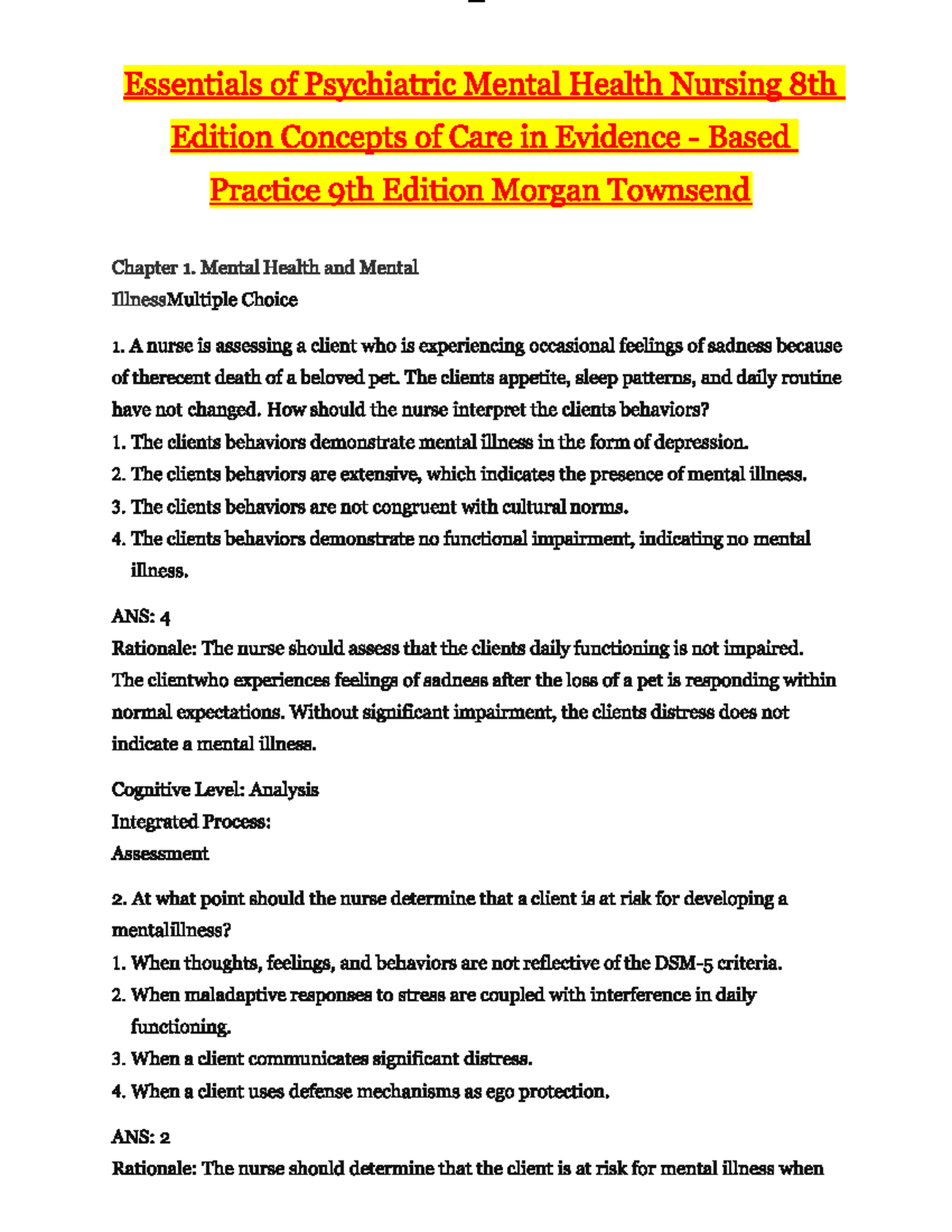 Psychiatric Mental Health Nursing 8th Ed. - Chapter 1 Practice ...