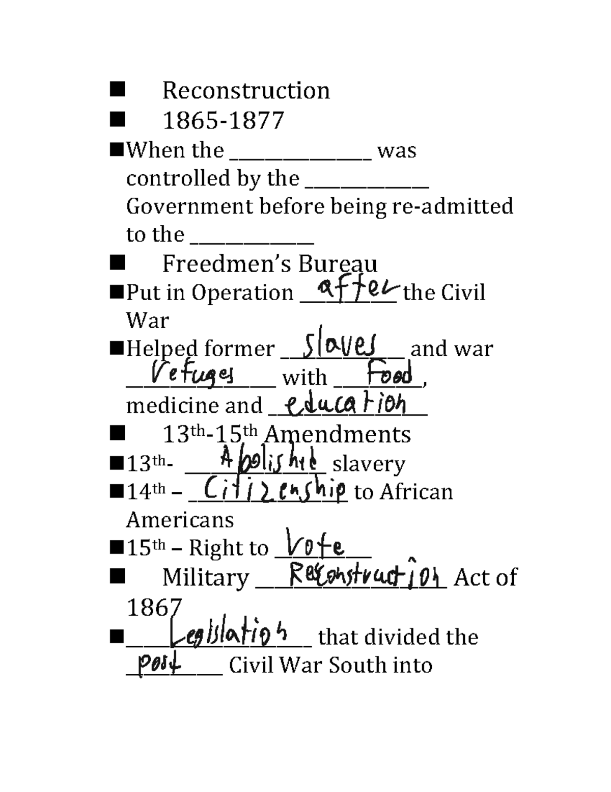 Reconstruction Era Overview: Key Concepts and Terms (HIST 101) - Studocu