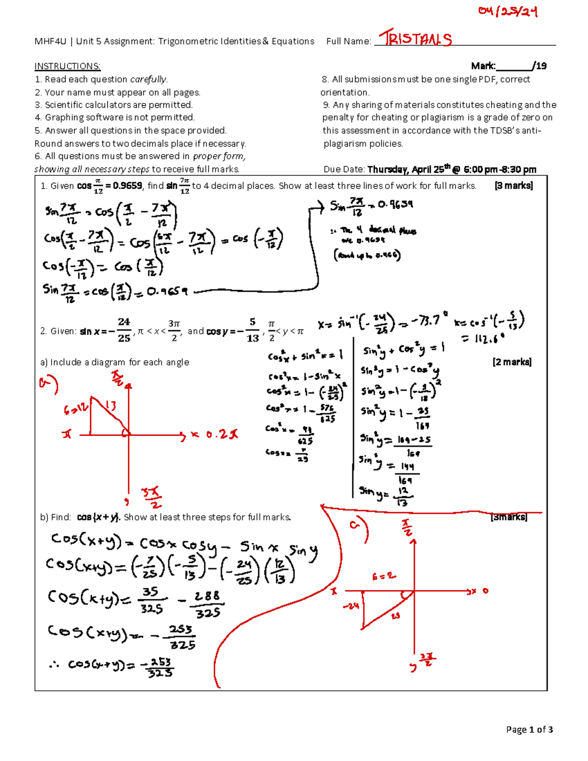 MHF4U-U5 Assignment: Trigonometric Identities & Equations Part 2 - Studocu