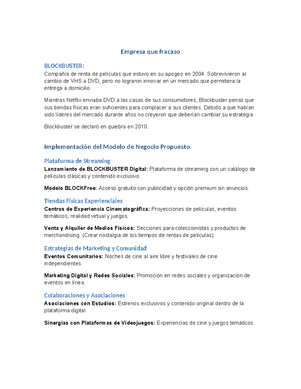 Blockbuster: Estrategias de Innovación y Modelo de Negocio - Studocu