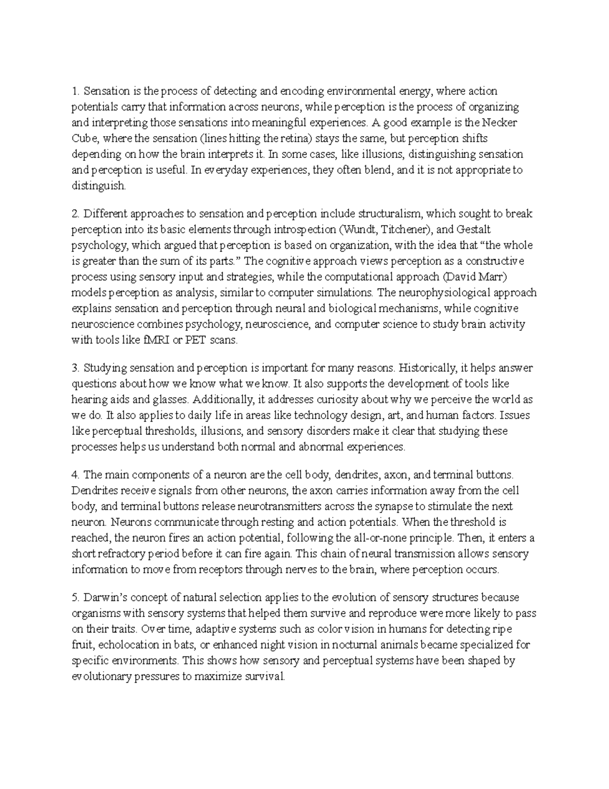 Sensation and Perception: Key Concepts and Approaches - HWK 3 - Studocu