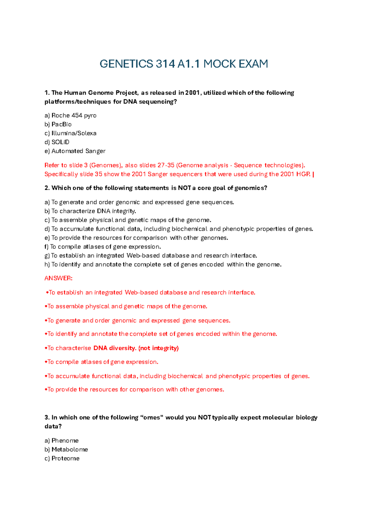 Genetics 314 A1 mock exam: Insights from the Human Genome Project - Studocu