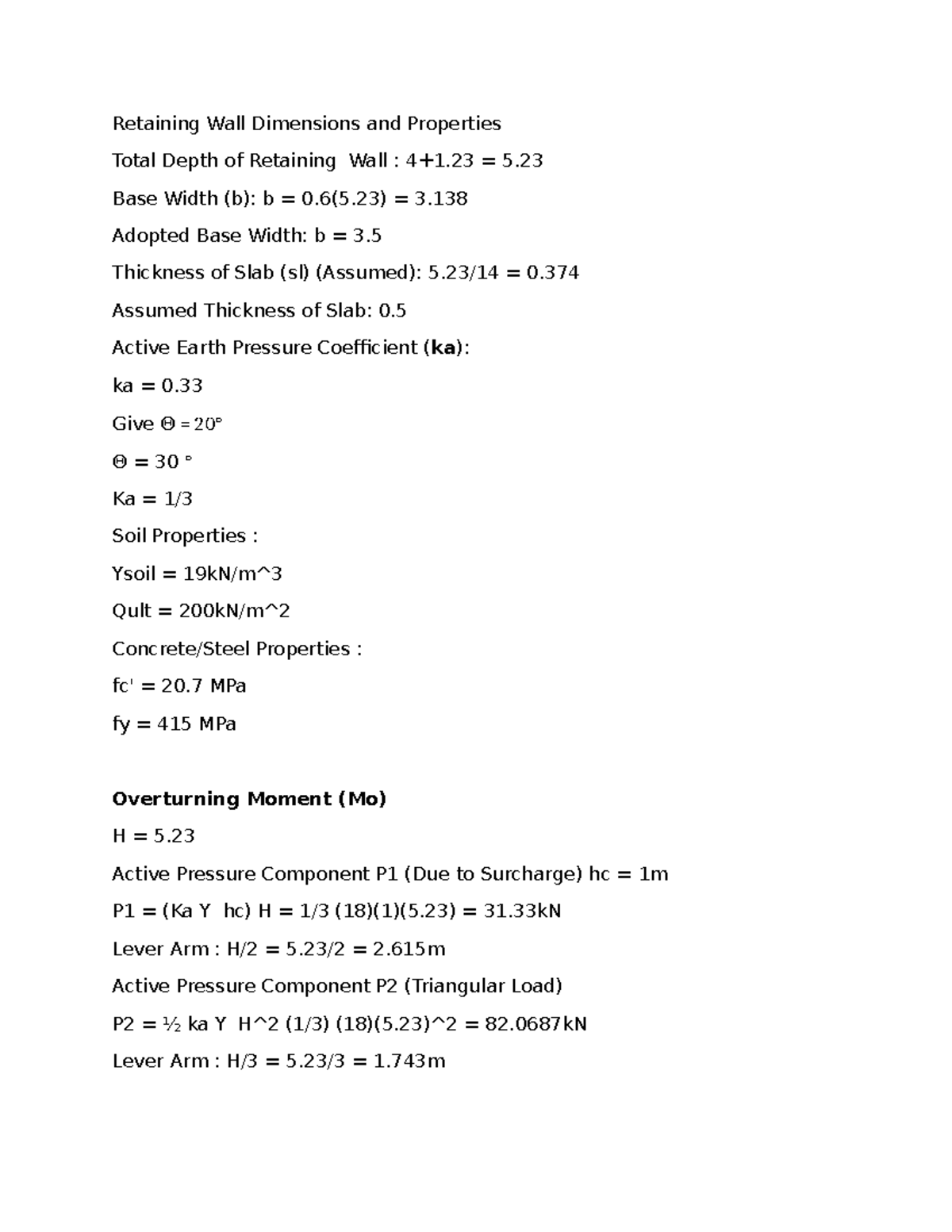 Retaining Wall Design Calculations and Properties Analysis - Studocu
